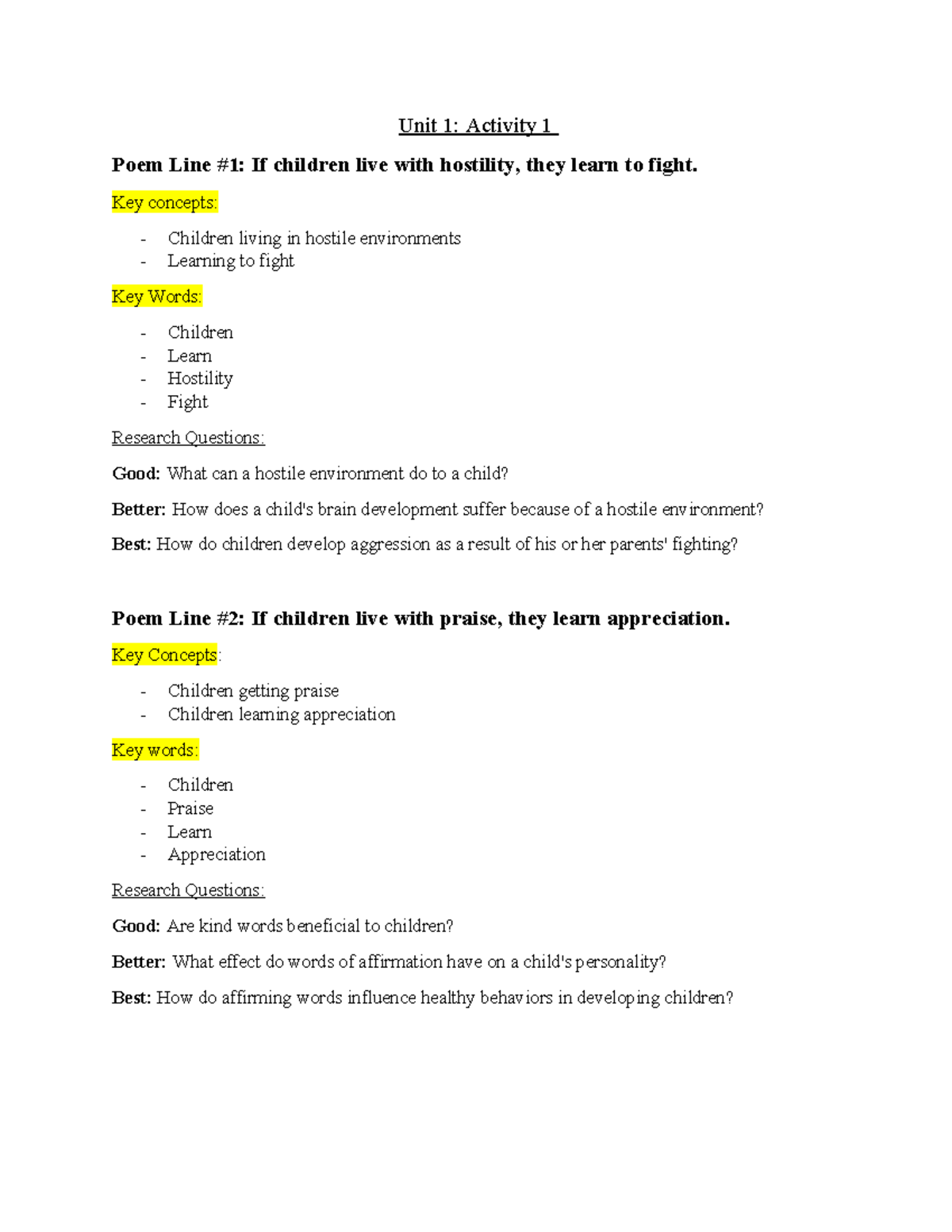 Family Studies - Poem - Unit 1: Activity 1 Poem Line #1: If children ...