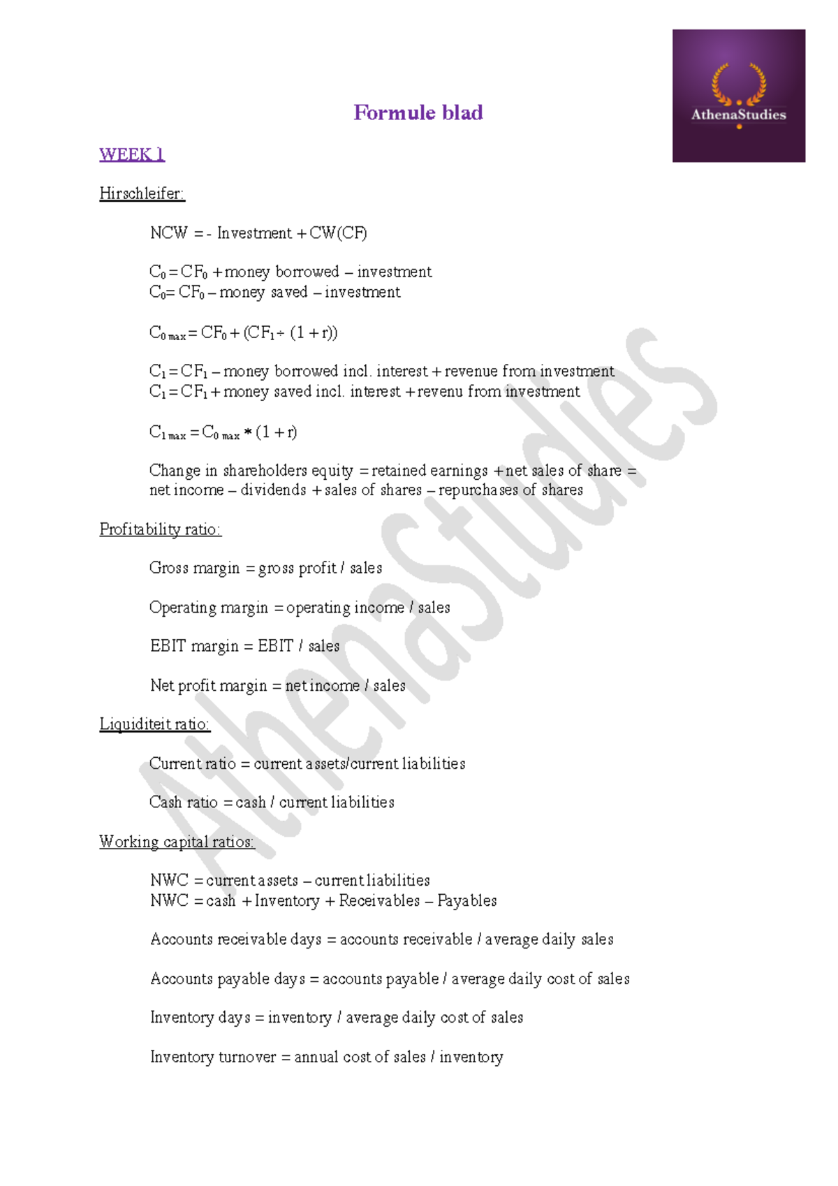 Formulas Finance (EN) week 1-6 - Formule blad WEEK 1 Hirschleifer: NCW ...