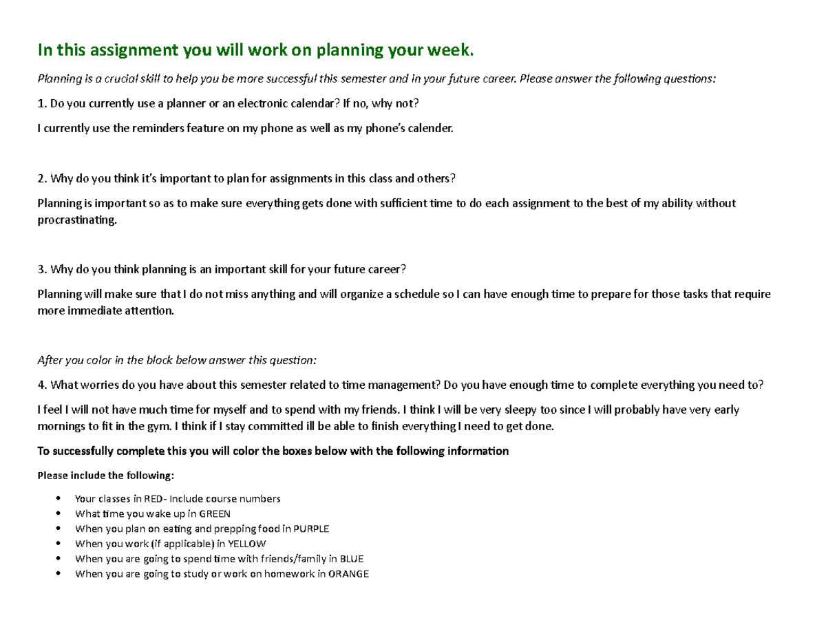 PUB 220 Planning Assignment - Week 1 - In this assignment you will work on planning your week ...
