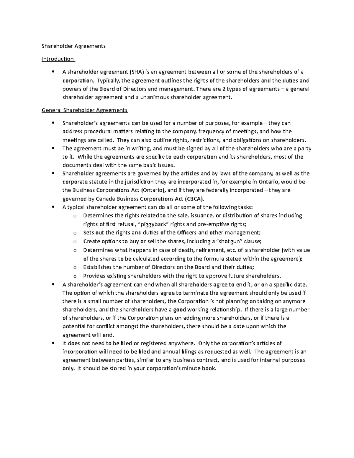 Shareholder Agreements - Shareholder Agreements Introduction A ...
