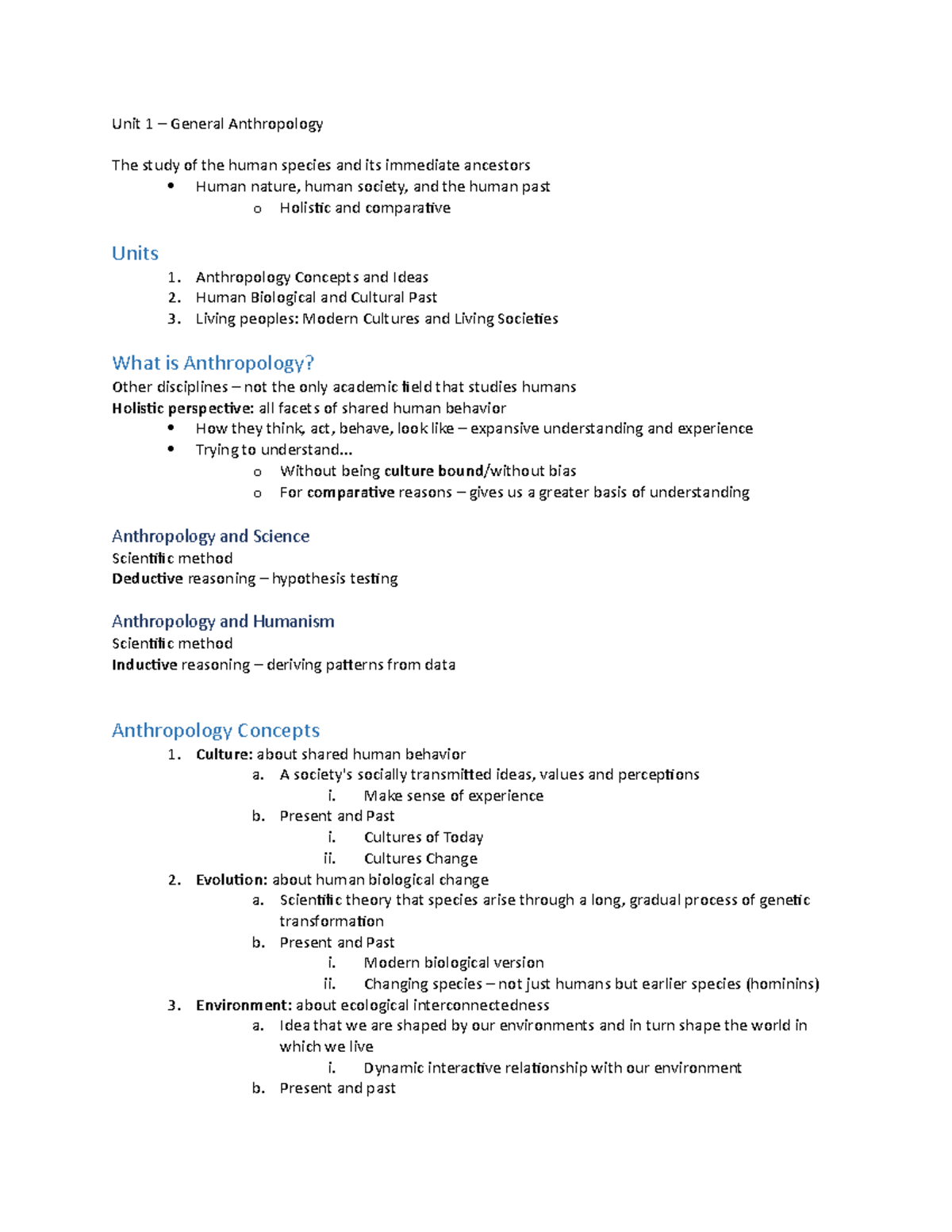 Unit 1 - ANTH - General Anthropology notes - test 1 material - Unit 1 ...