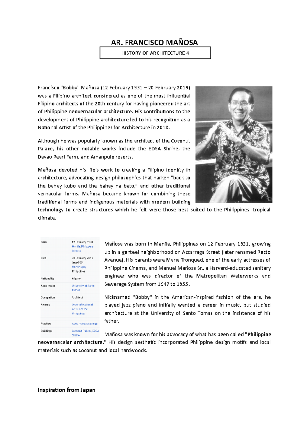 HOA4 Research 202101 - AR. FRANCISCO MAÑOSA Francisco "Bobby" Mañosa ...