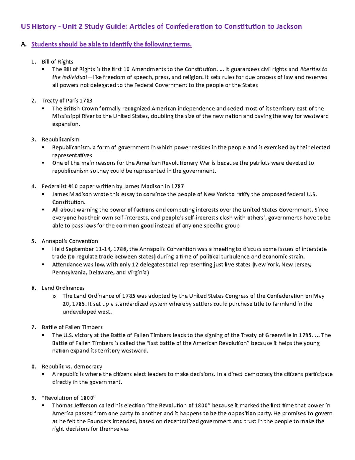 Study Notes - Unit 2 - from 1781 to 1828 and articles of conferation to ...