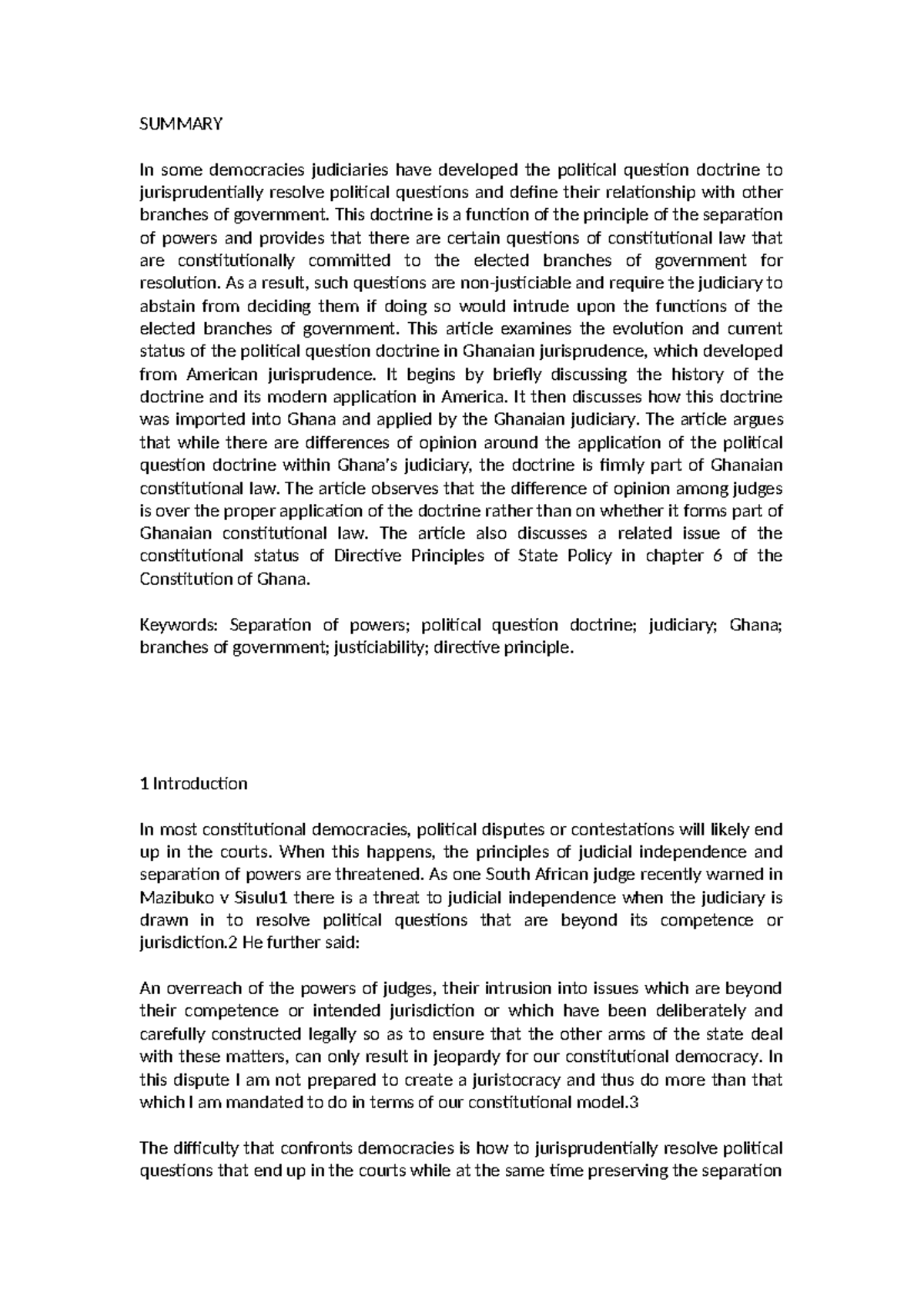 Doctrine OF Political Question - SUMMARY In some democracies ...