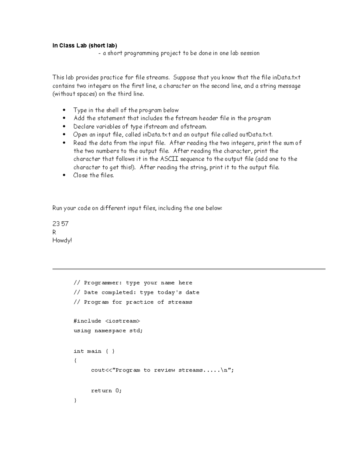 In Class Files - In Class Lab (short lab) - a short programming project ...