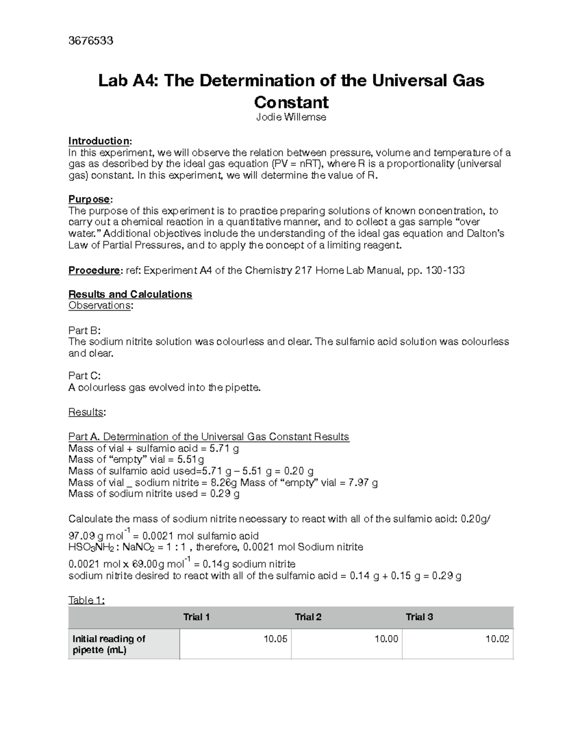 Lab A4 - 80% - Lab A4: The Determination of the Universal Gas Constant ...