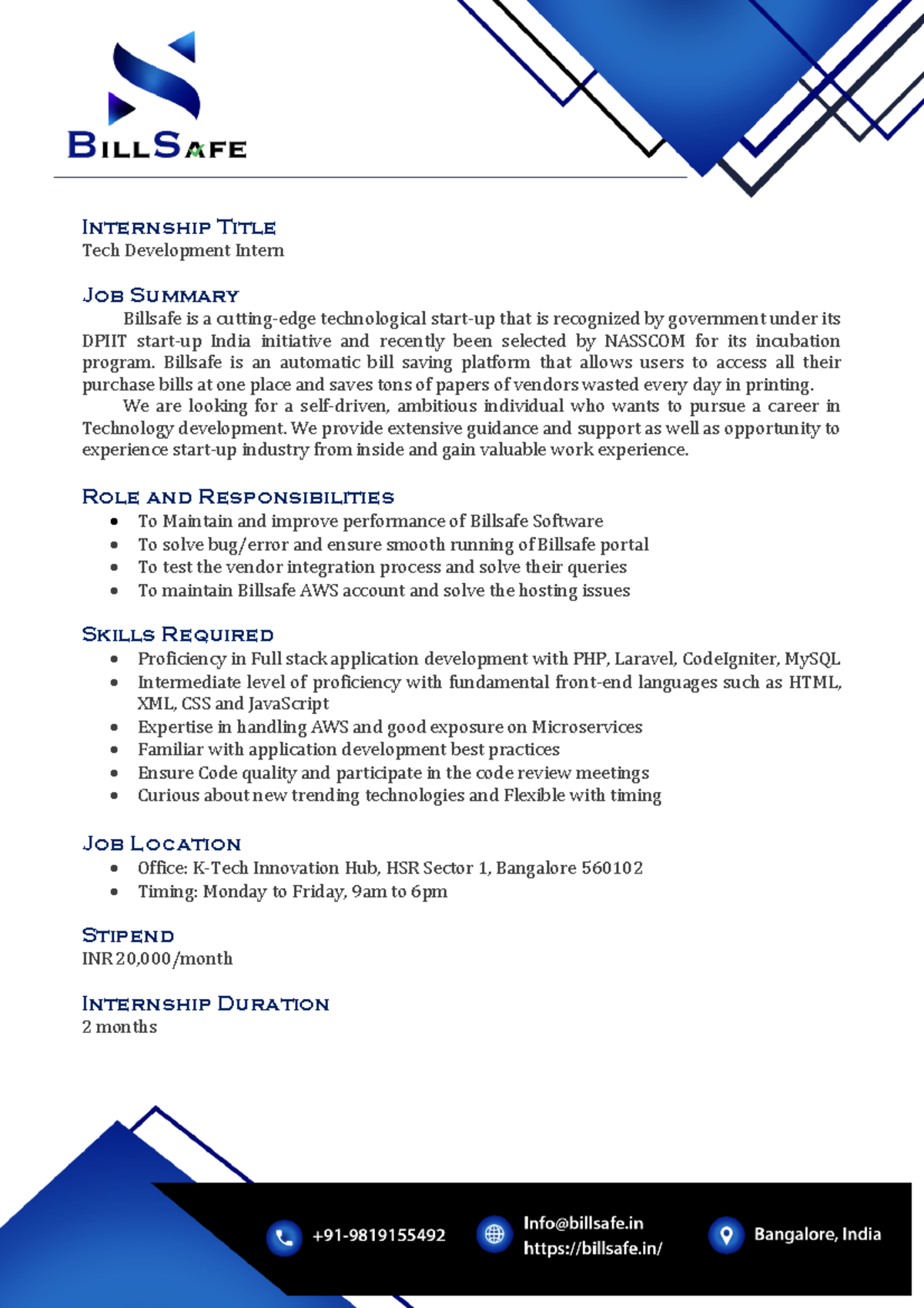 JD Tech Developement Internship Bilsafe Technologies - Internship Title ...