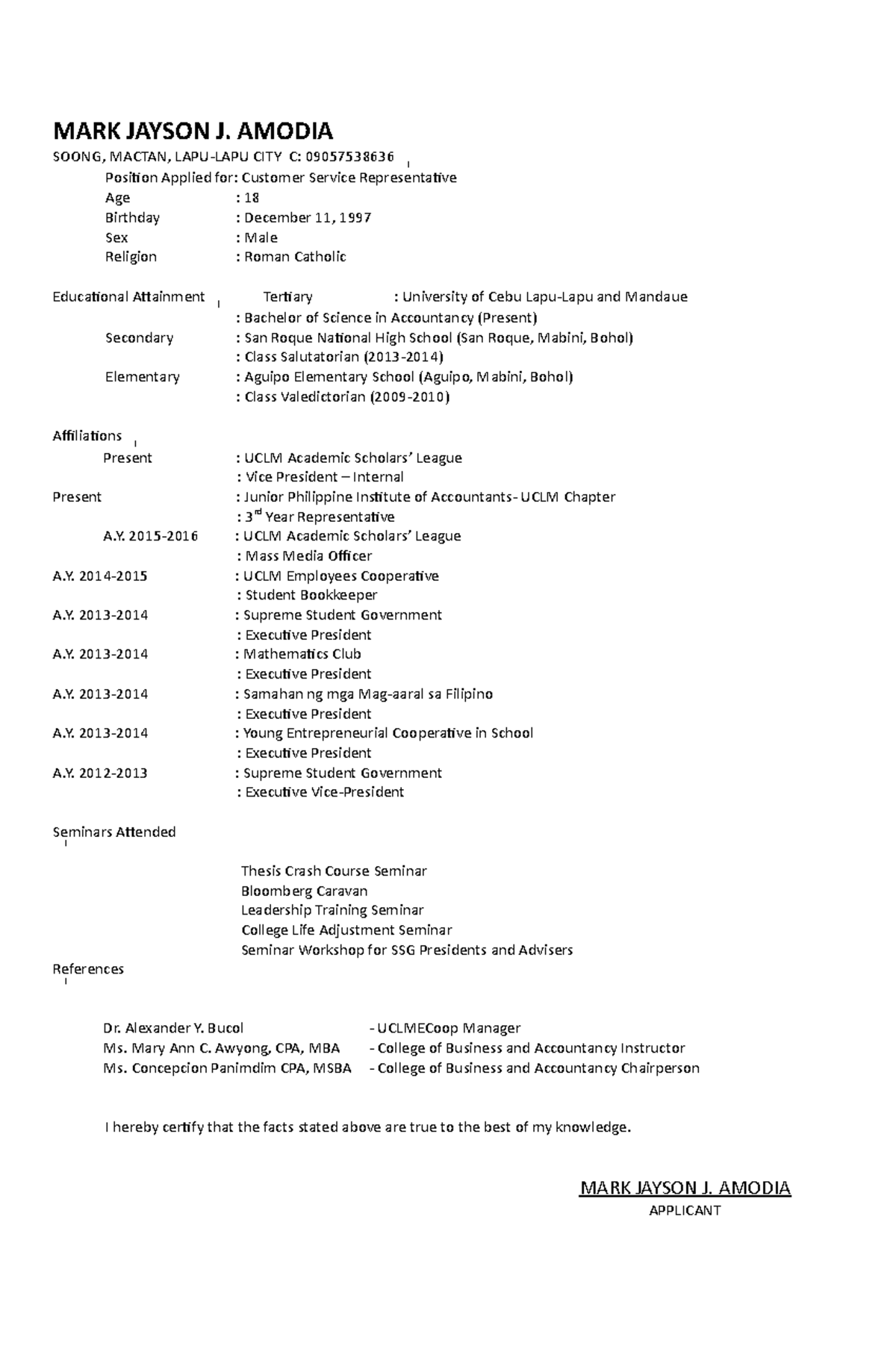 Resume for application - MARK JAYSON J. AMODIA SOONG, MACTAN, LAPU-LAPU ...
