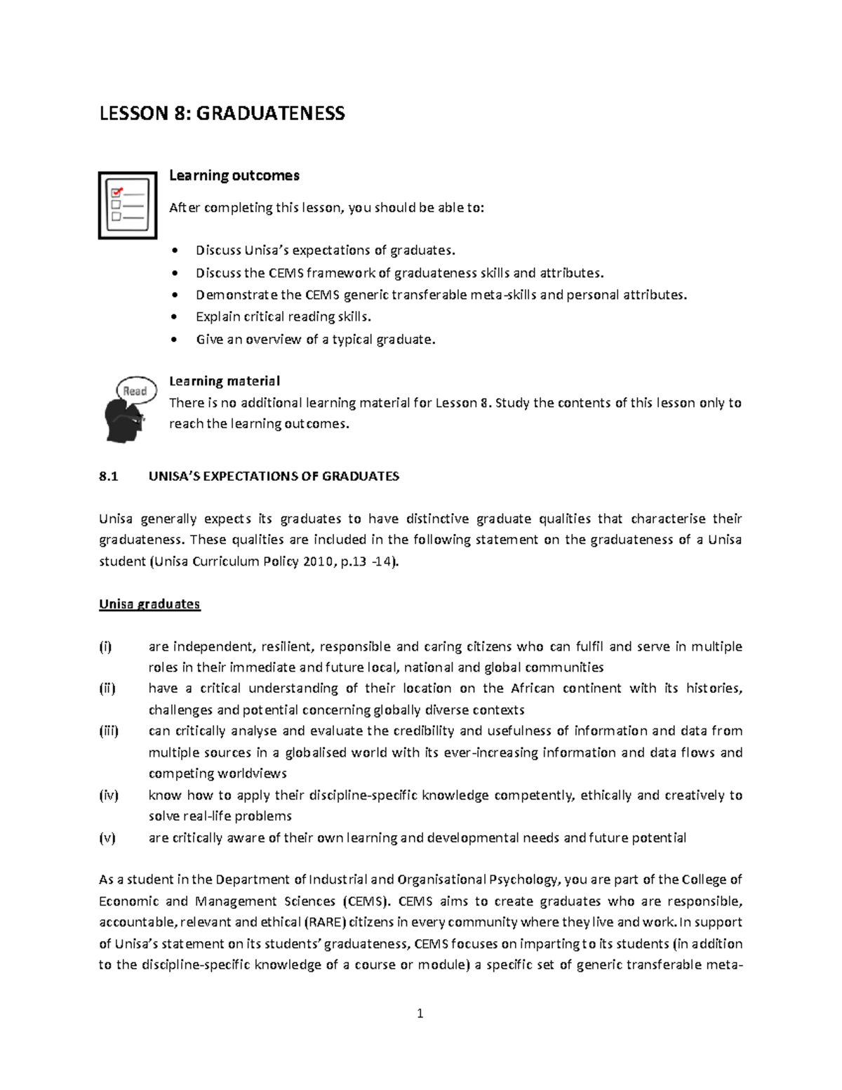 IOP1601 Lesson 8 2023 - LESSON 8: GRADUATENESS Learning outcomes After ...
