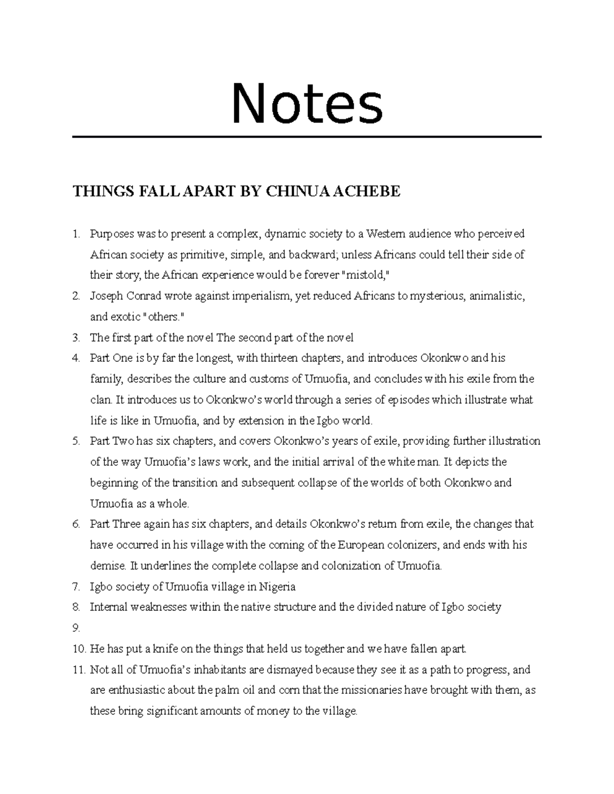 Notes of Things Fall Apart - Notes THINGS FALL APART BY CHINUA ACHEBE ...