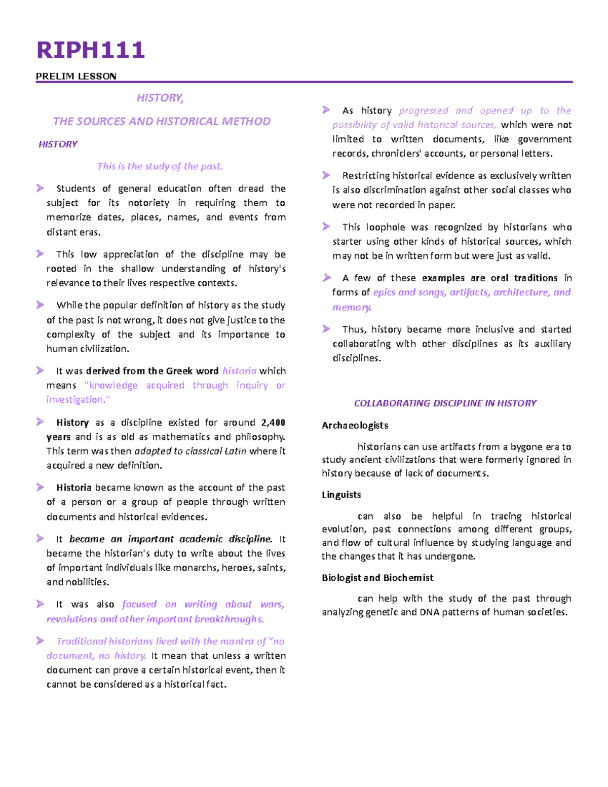 RIPH111-Week-1 - WEEK 1 - RIPH PRELIM LESSON HISTORY, THE SOURCES AND ...