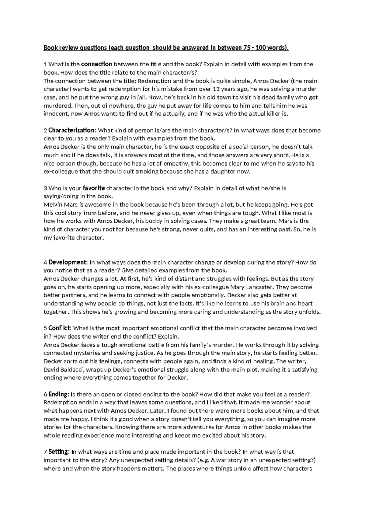 Boek verslag redemption David Baldacci - Book review questions (each ...