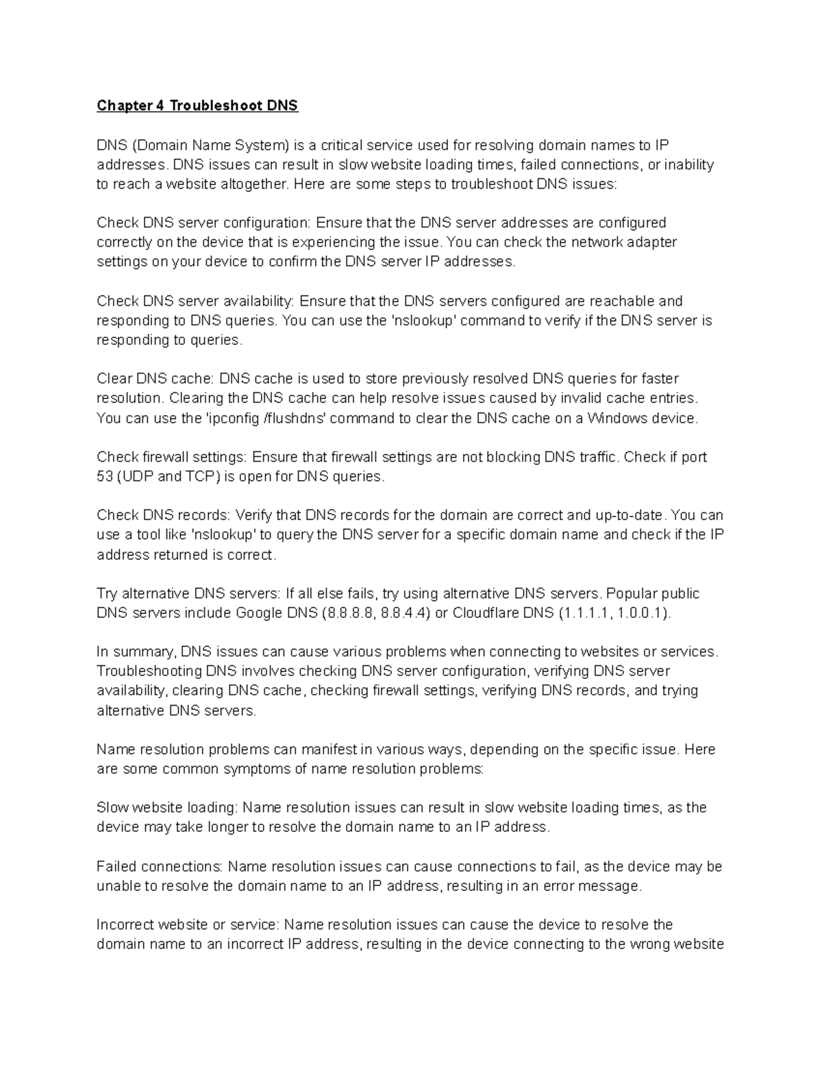 Chapter 4 Troubleshoot DNS - DNS issues can result in slow website loading times, failed - Studocu