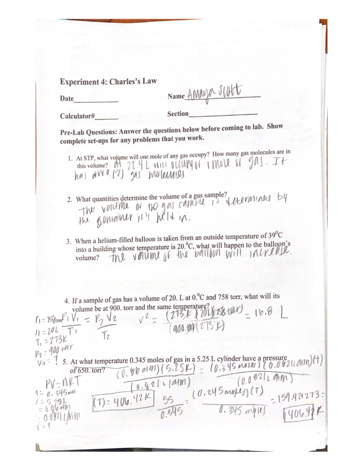 Experiment 4 Charles's Law - CHM-105 - Studocu