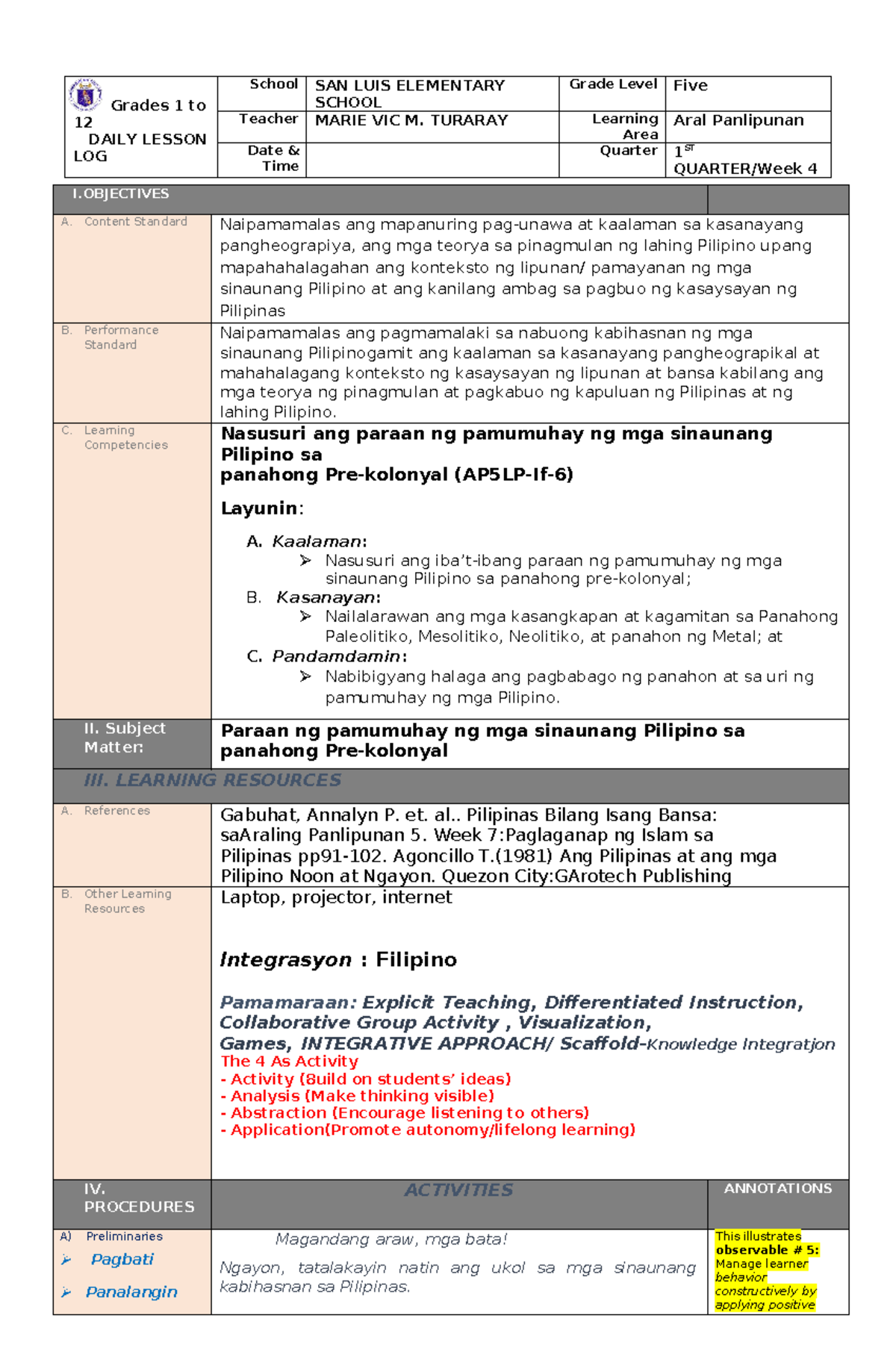 CO1- AP W4 - Class Room Observation 01 - Grades 1 to 12 DAILY LESSON LOG School SAN LUIS ...