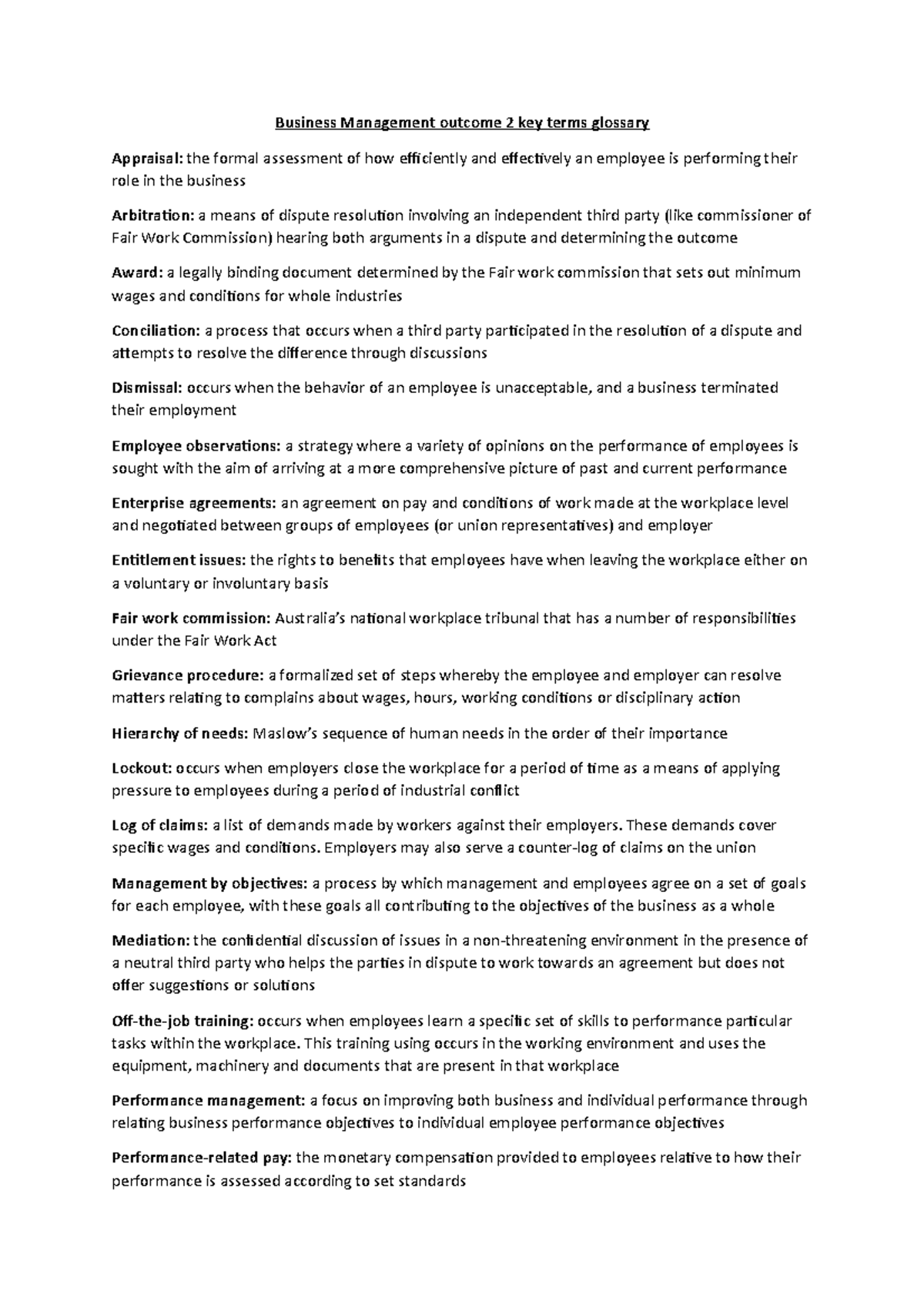 Business Management outcome 2 key terms glossary - Business Management ...