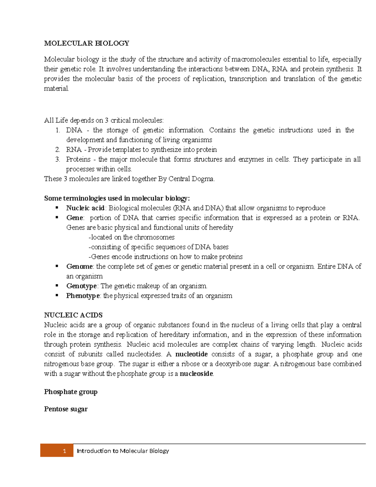 Molecular Biology I Notes 121944 - MOLECULAR BIOLOGY Molecular biology ...
