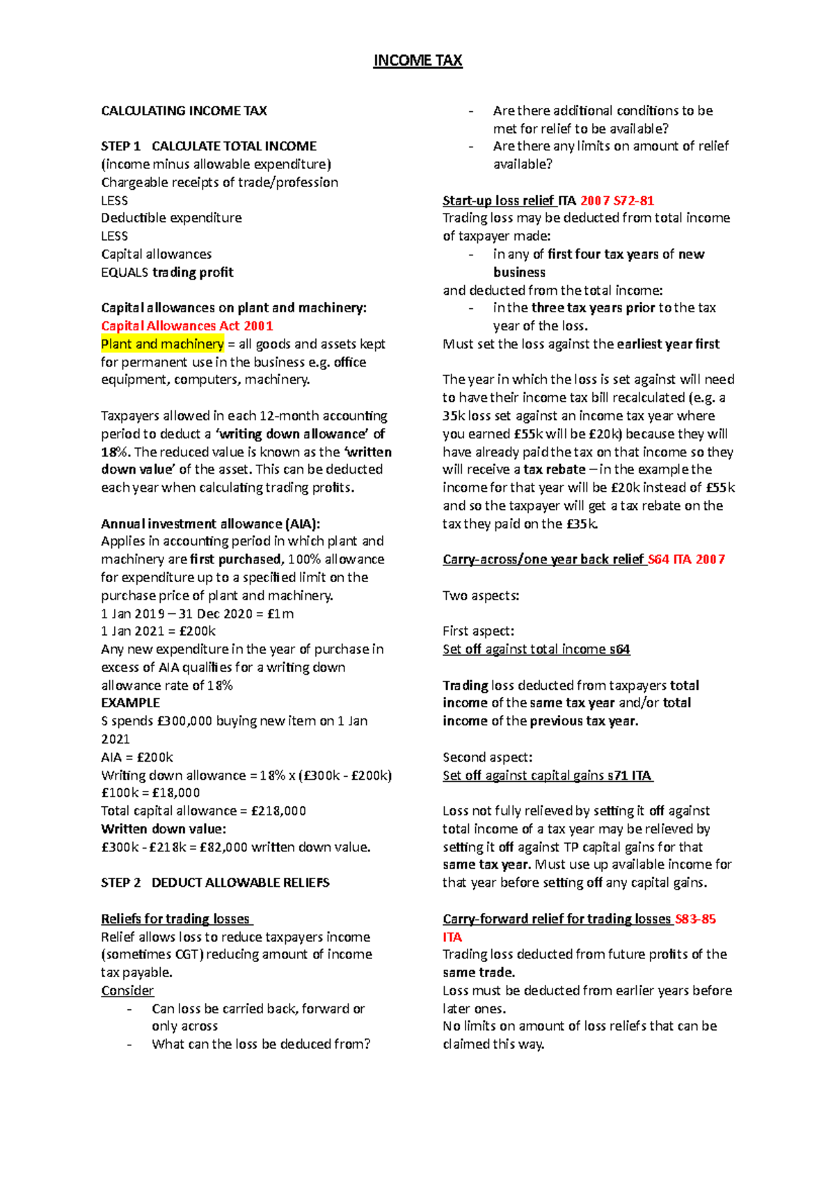 Calculating Income Tax Revision Notes - INCOME TAX CALCULATING INCOME ...