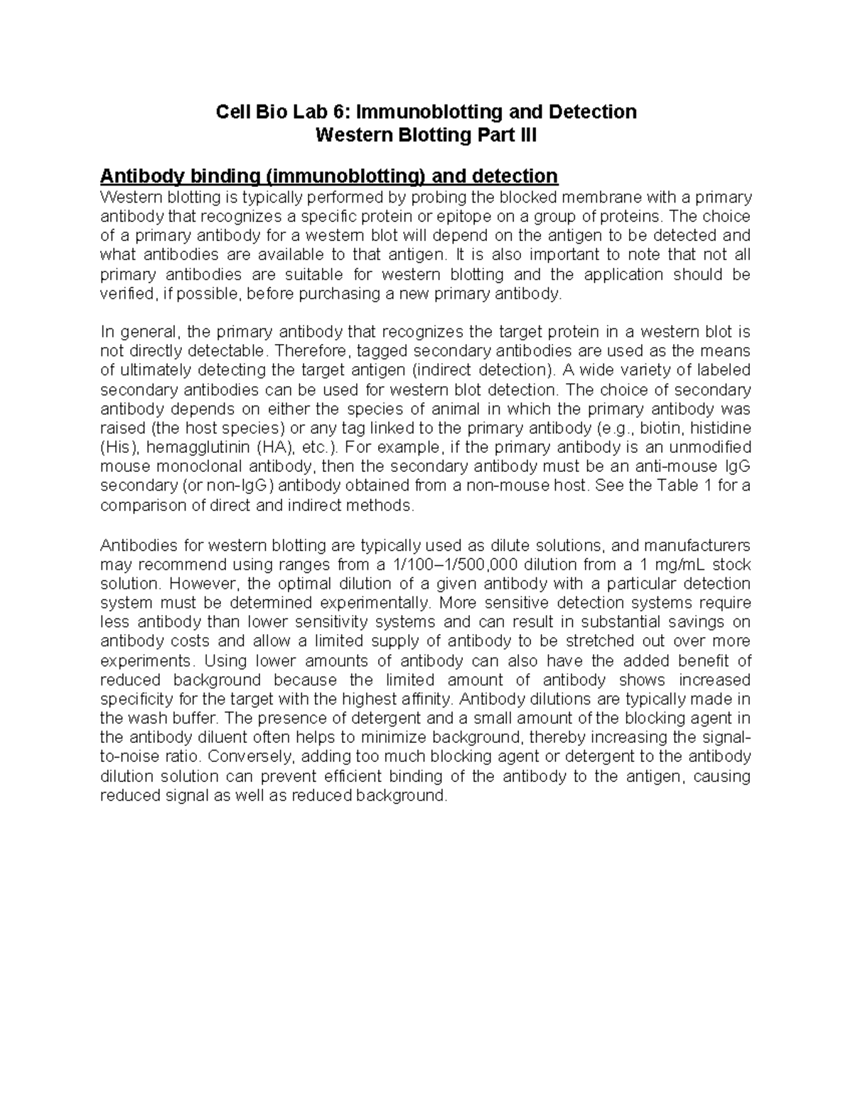 Lab 6 - Immunoblotting and Detection - Western Blotting Part III (1 ...