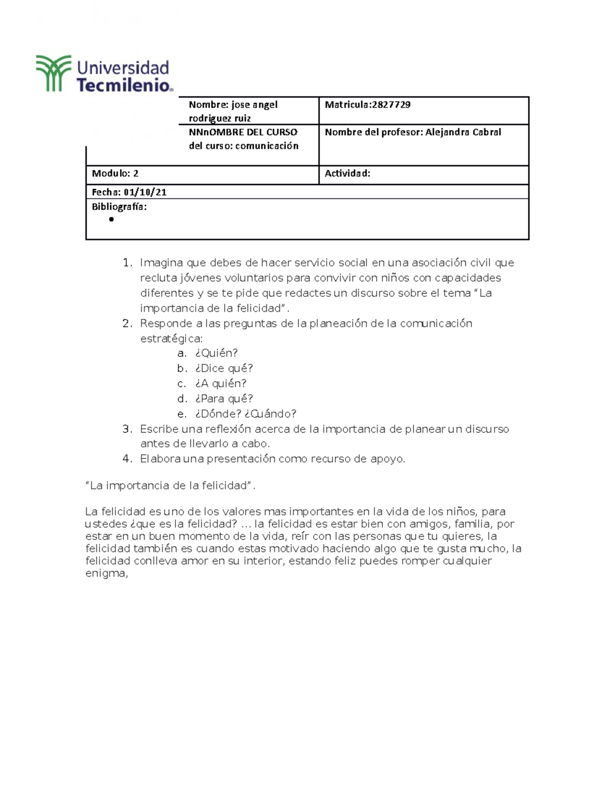 Tarea 6 comu - comunicacion oral y escrita - TecMilenio - Studocu
