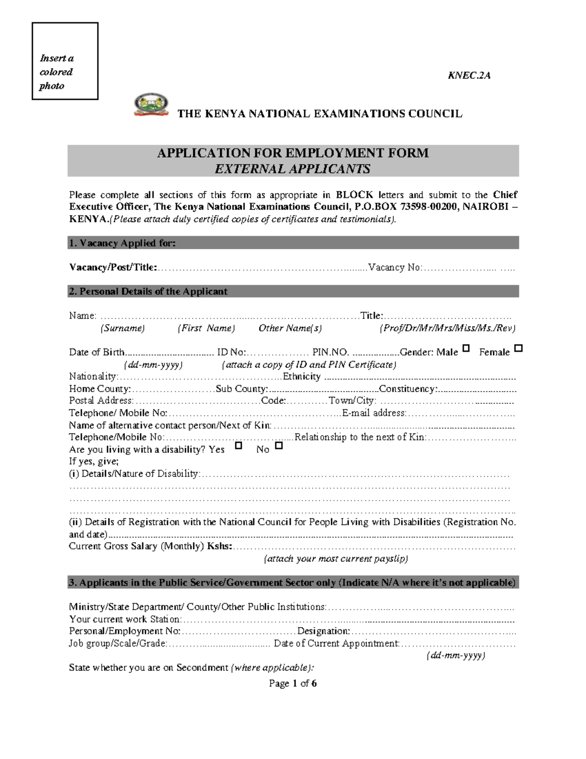 External Applicants Employment FORM 2A - KNEC THE KENYA NATIONAL ...