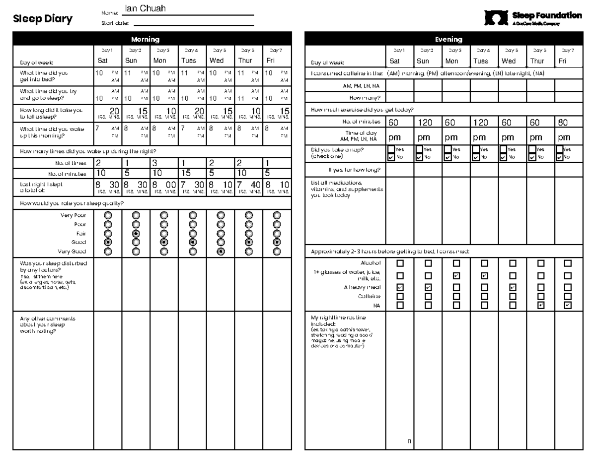 Sleep Foundation Sleep Diary - Sleep Diary Day of week:What time did ...