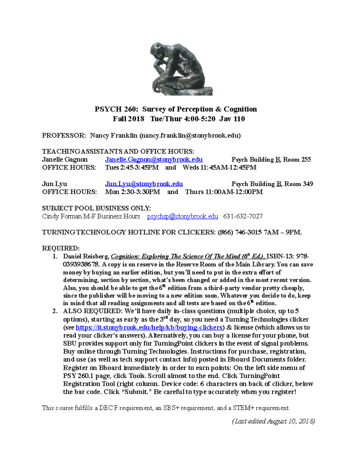 Syllabus PSY 260 Fall 2018 - PSYCH 260: Survey of Perception & Cognition Fall 2018 Tue/Thur ...