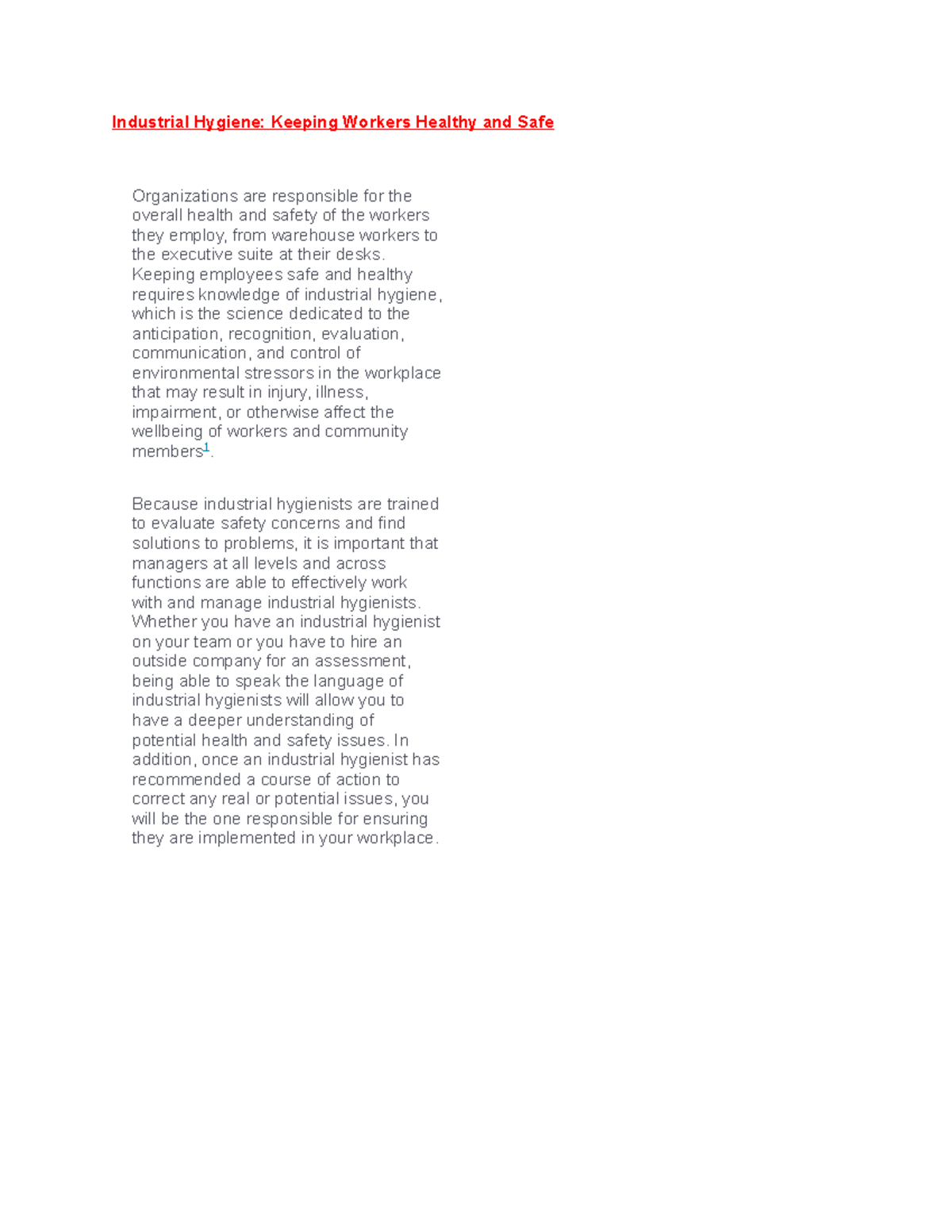 Industrial-Hygiene - Lecture notes 1 - Industrial Hygiene: Keeping ...