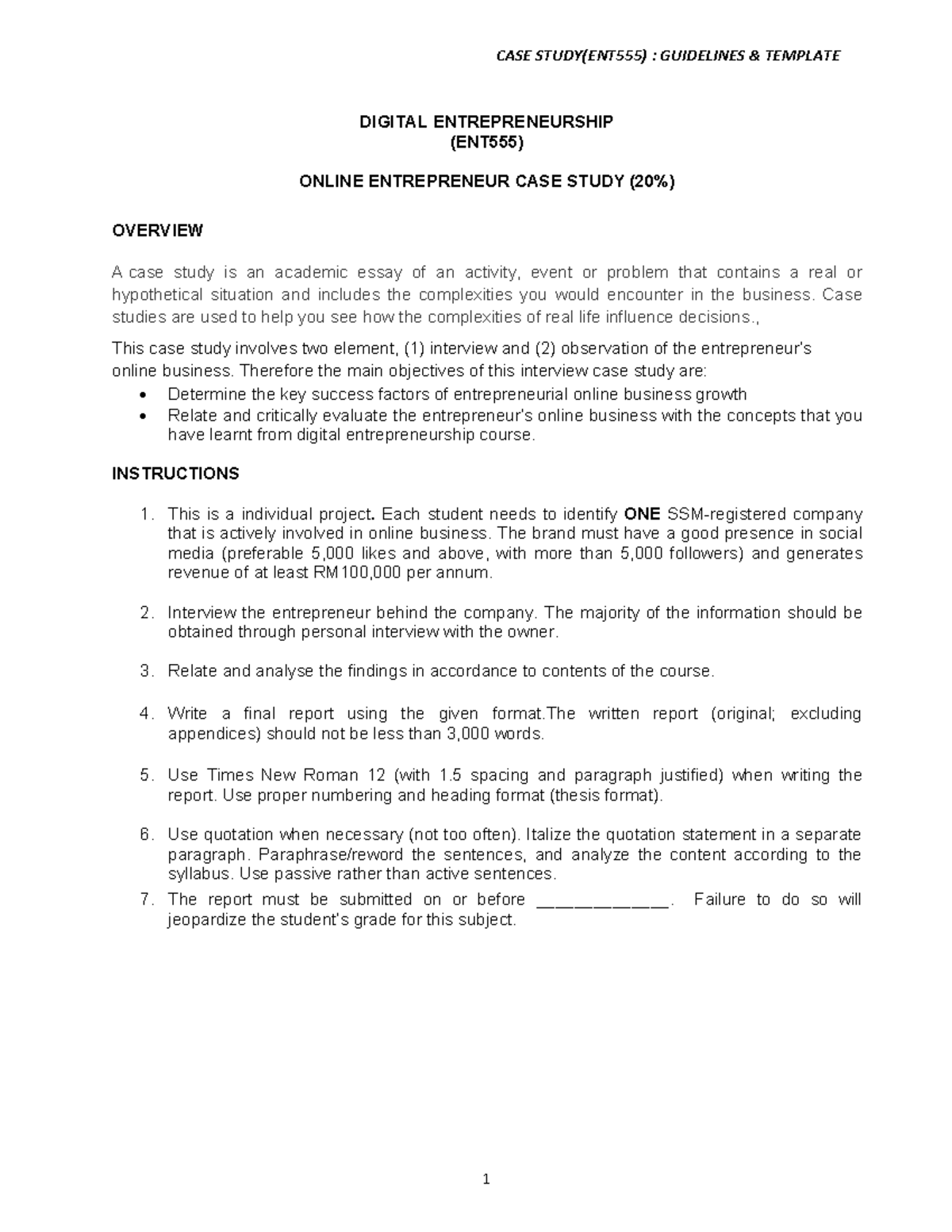 ENT555 Case Study Guidelines - DIGITAL ENTREPRENEURSHIP (ENT555) ONLINE ...