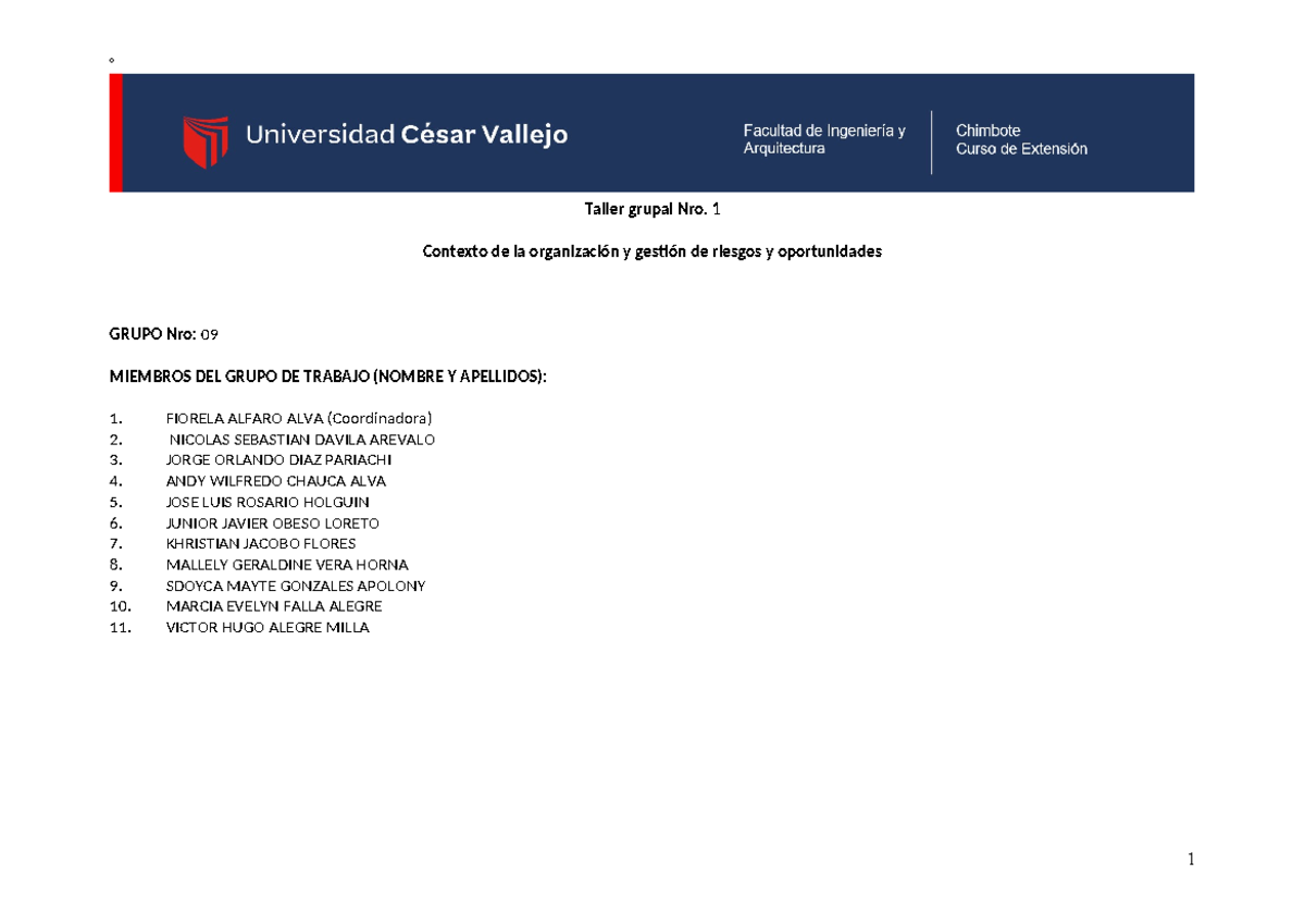 UCV - Taller grupal Nro. 01 Rev - Taller grupal Nro. 1 Contexto de la ...