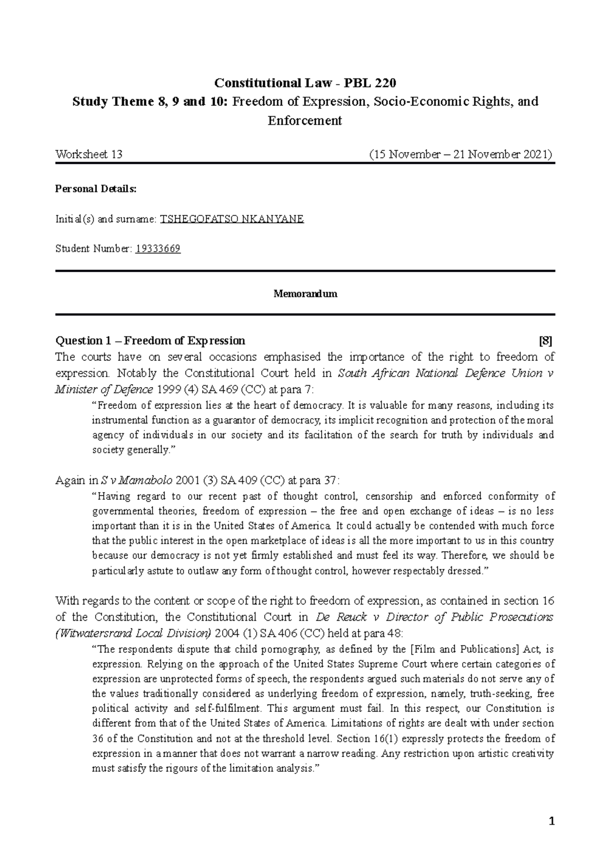 PBL 220 Tutorial worksheet - Constitutional Law - PBL 220 Study Theme 8 ...