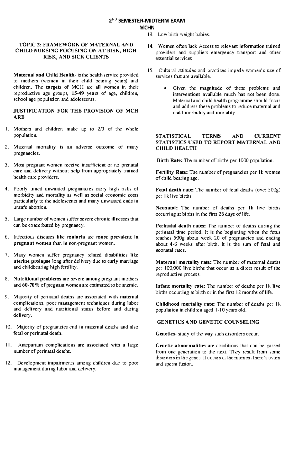 Mchn midterm notes - MCHN TOPIC 2: FRAMEWORK OF MATERNAL AND CHILD ...