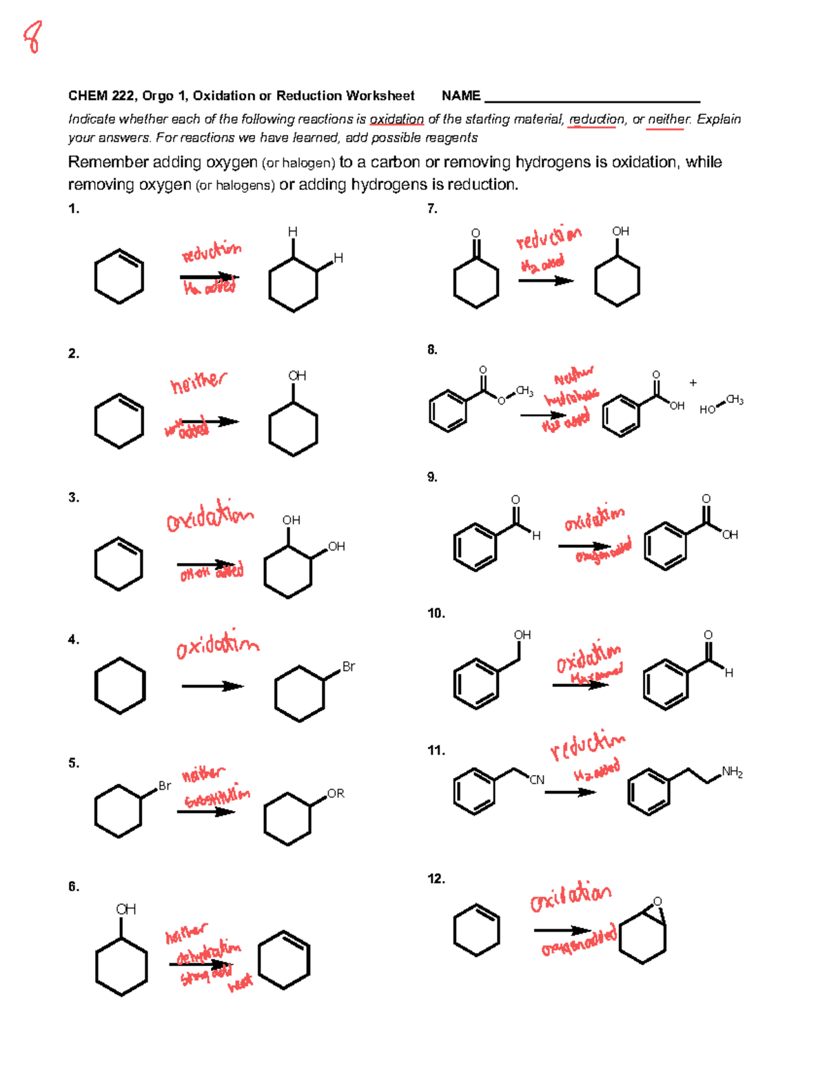 CHEM 222 rec 8 - Rec 8 key - CHEM 22 2 , Orgo 1 , Oxidation or ...