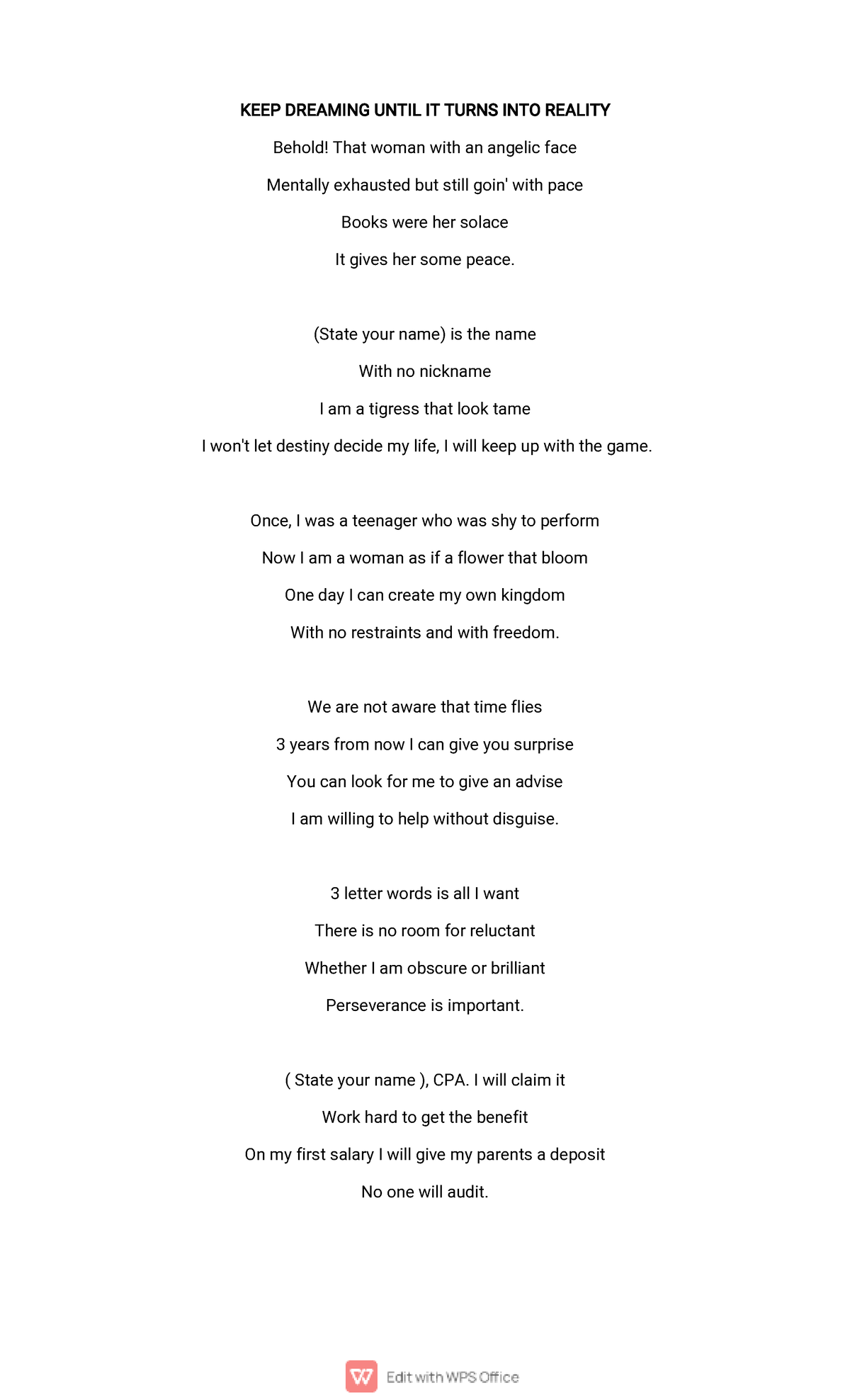World Literature, sample poem - KEEP DREAMING UNTIL IT TURNS INTO ...