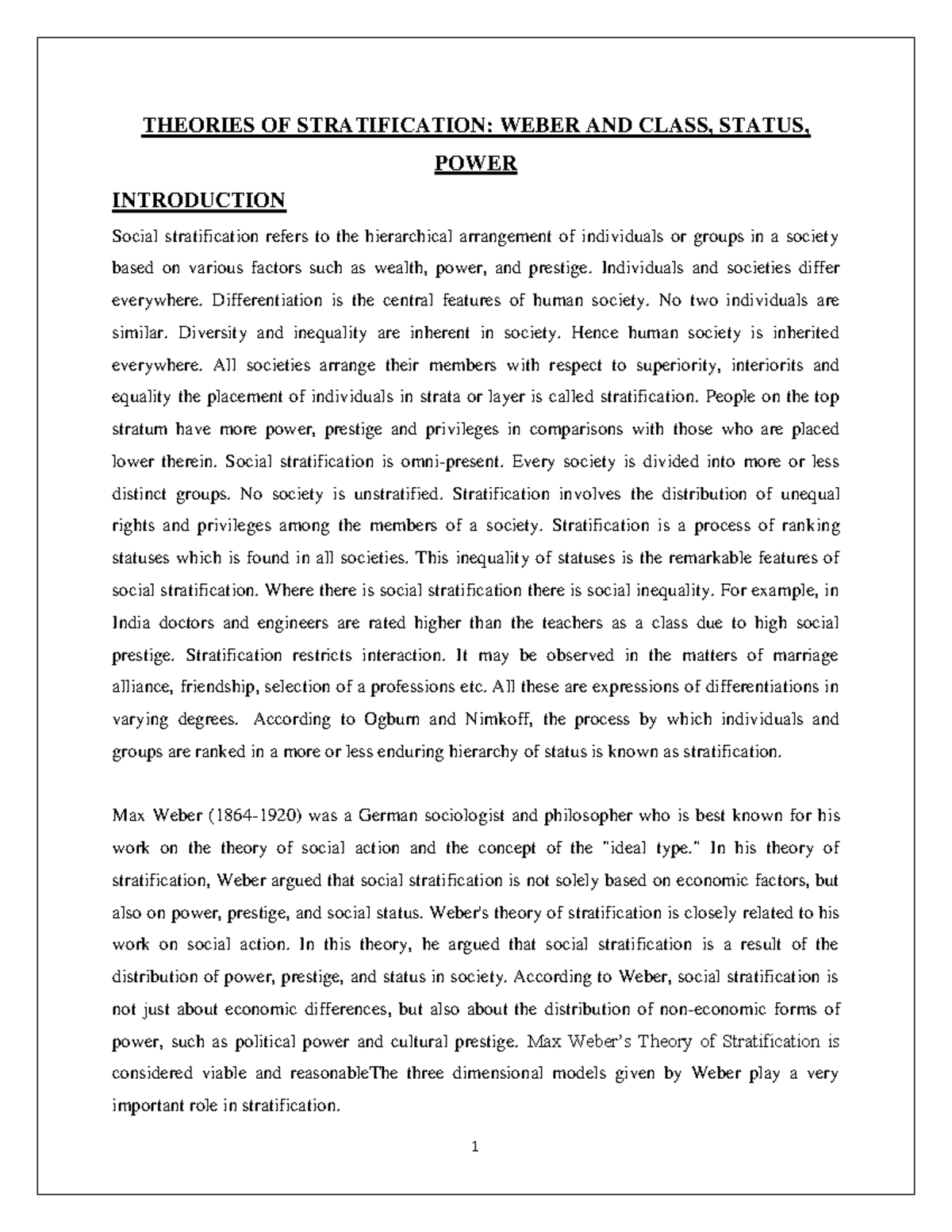 Theories of social stratification - THEORIES OF STRATIFICATION: WEBER ...