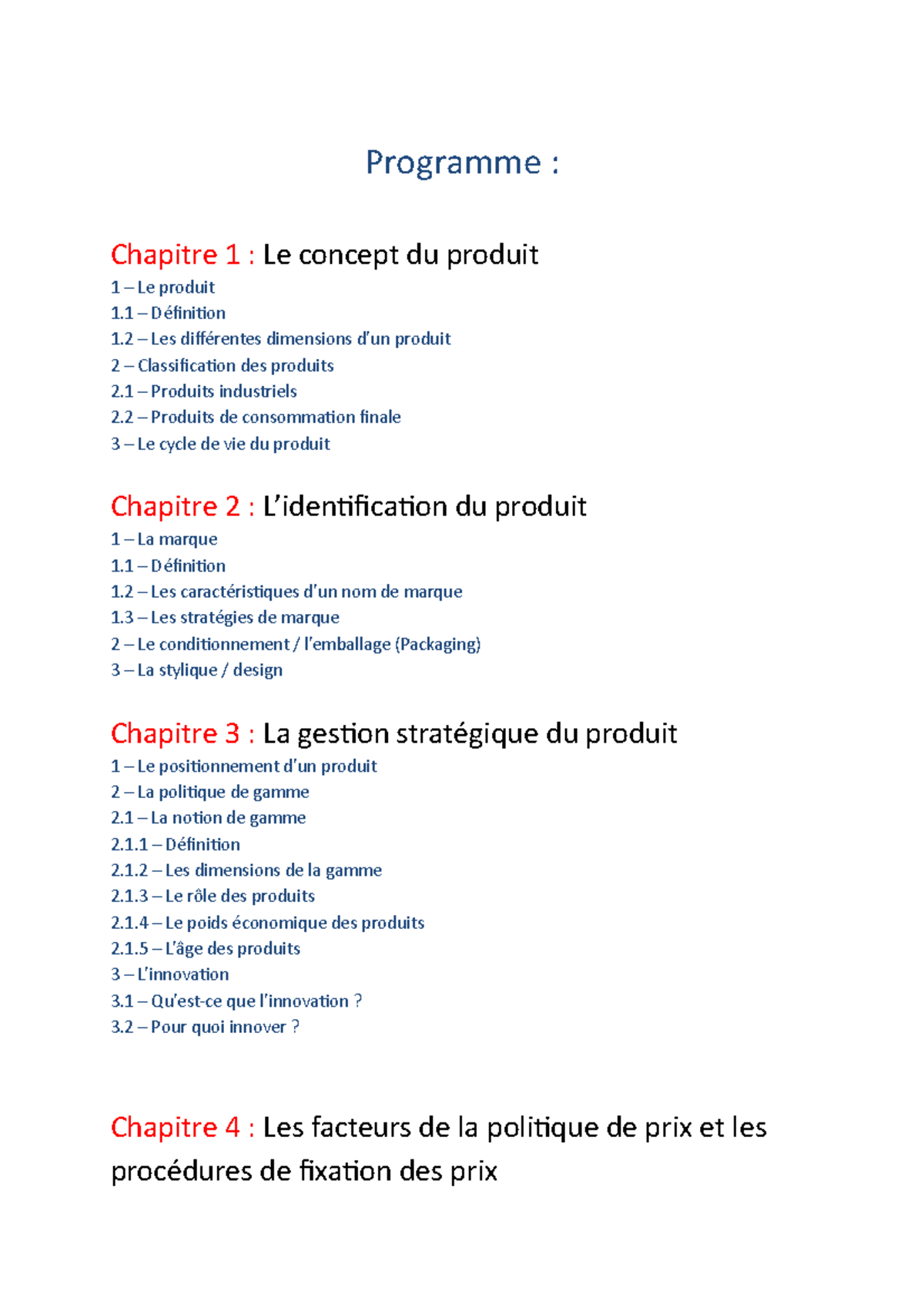 Politique produit prix - Programme : Chapitre 1 : Le concept du produit ...