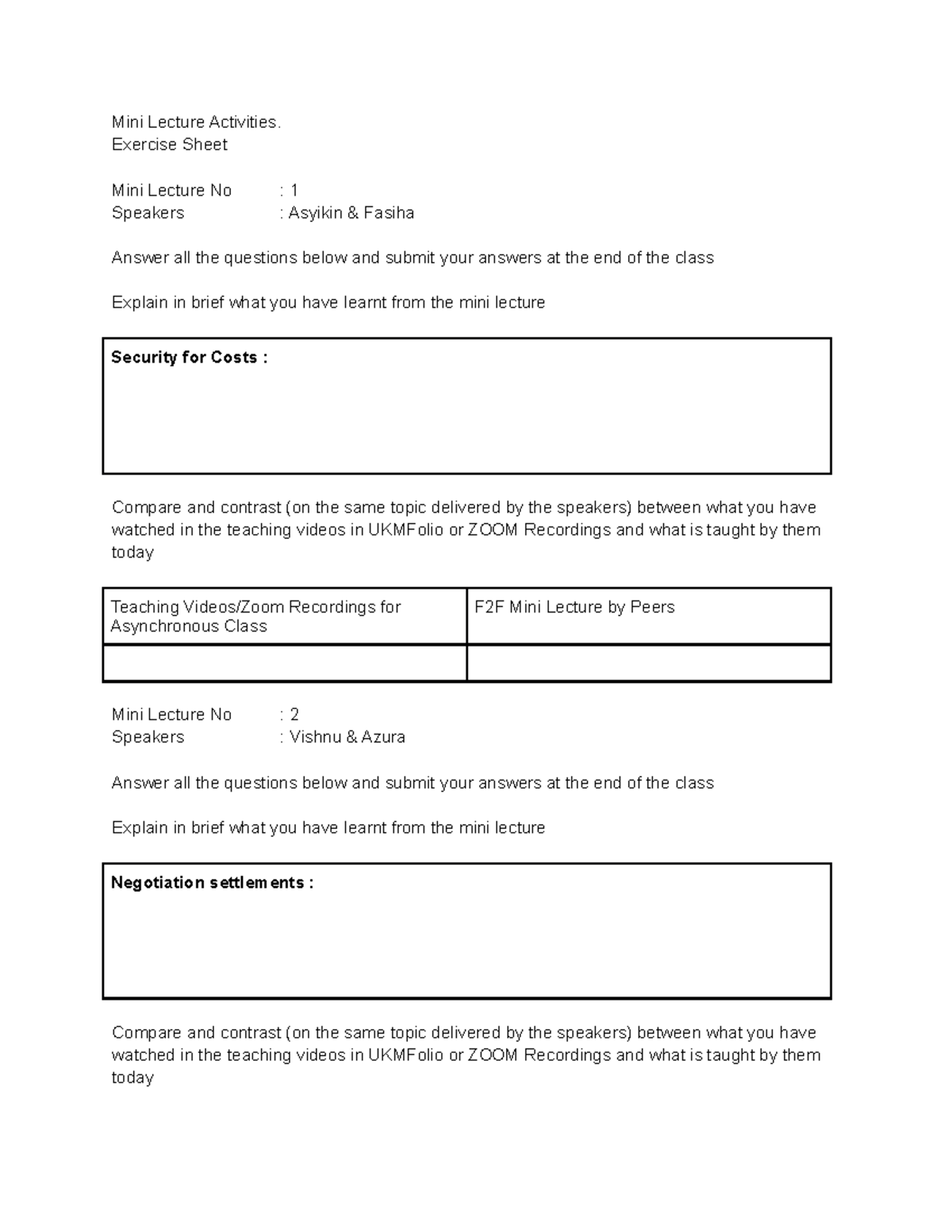 Mini Lecture Activities - Exercise Sheet Mini Lecture No : 1 Speakers ...