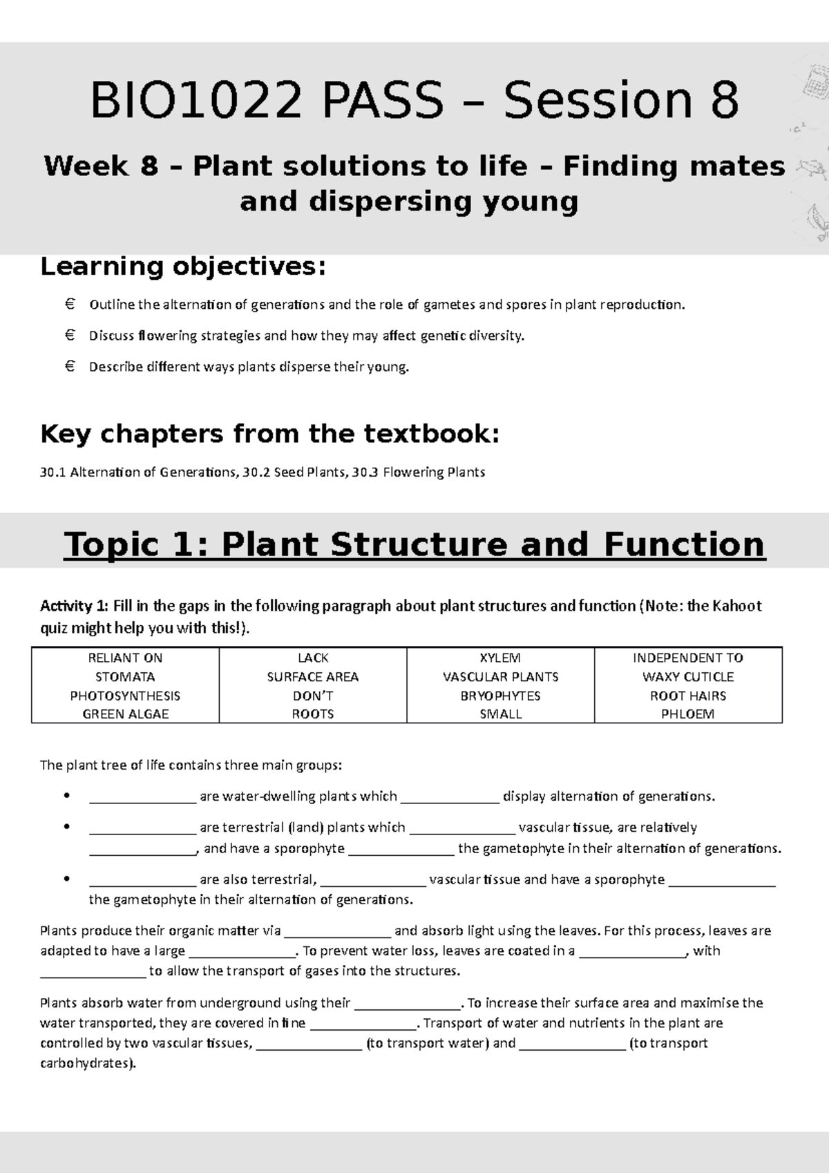 BIO1022 Session 8 Worksheet questions - BIO1022 - Monash - Studocu