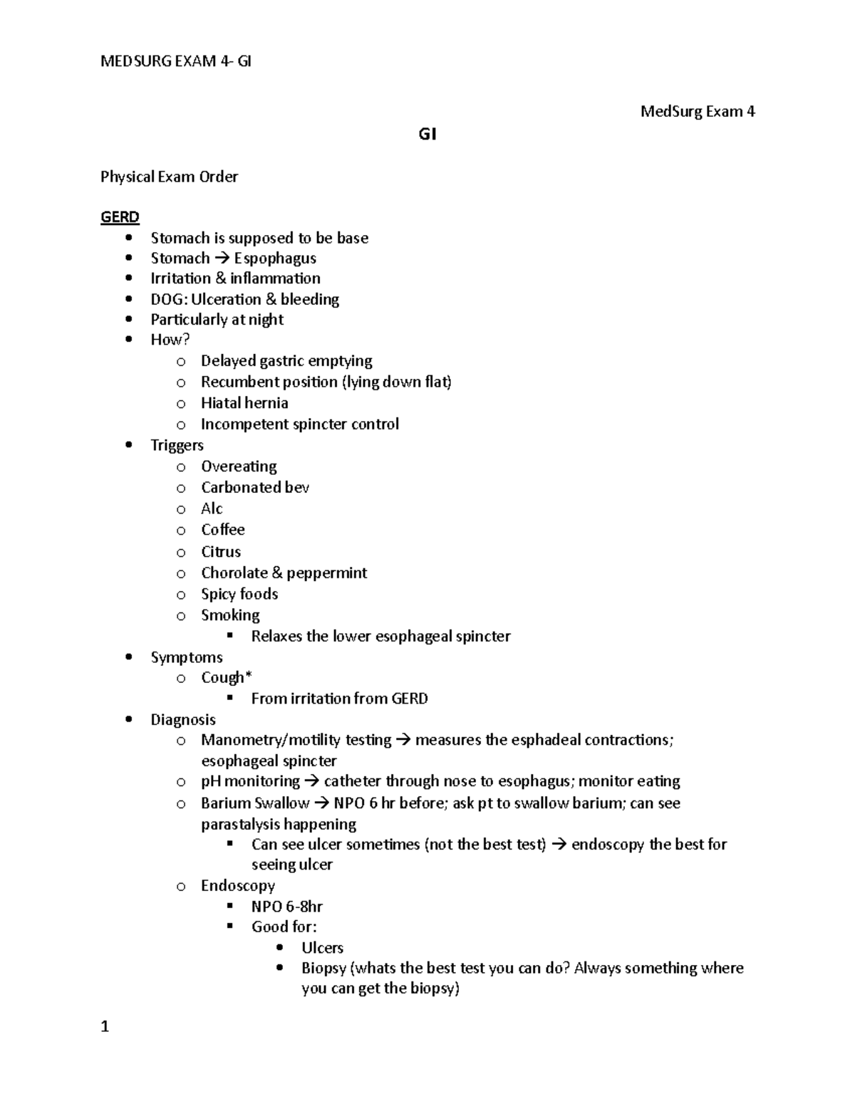 MedSurg GI Notes - MedSurg Exam 4 GI Physical Exam Order GERD Stomach ...