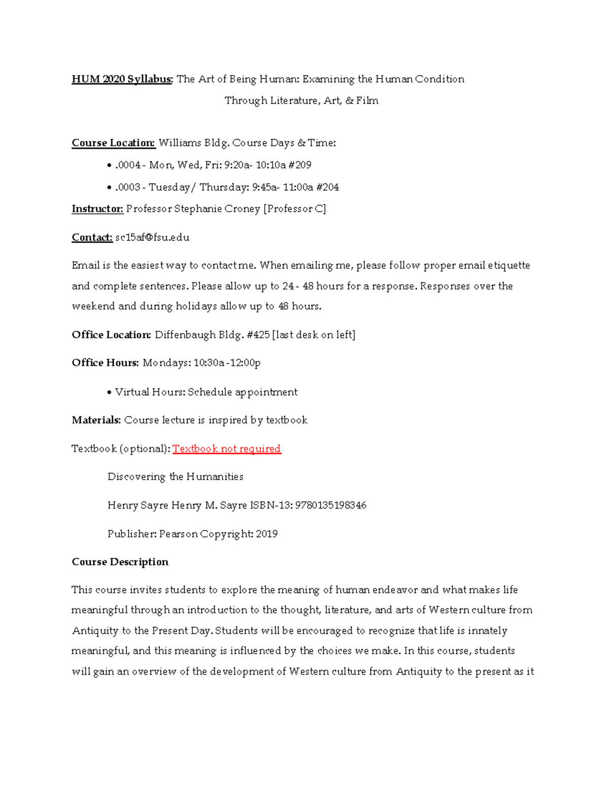 HUM 2020 Syllabus - HUM 2020 Syllabus: The Art of Being Human ...