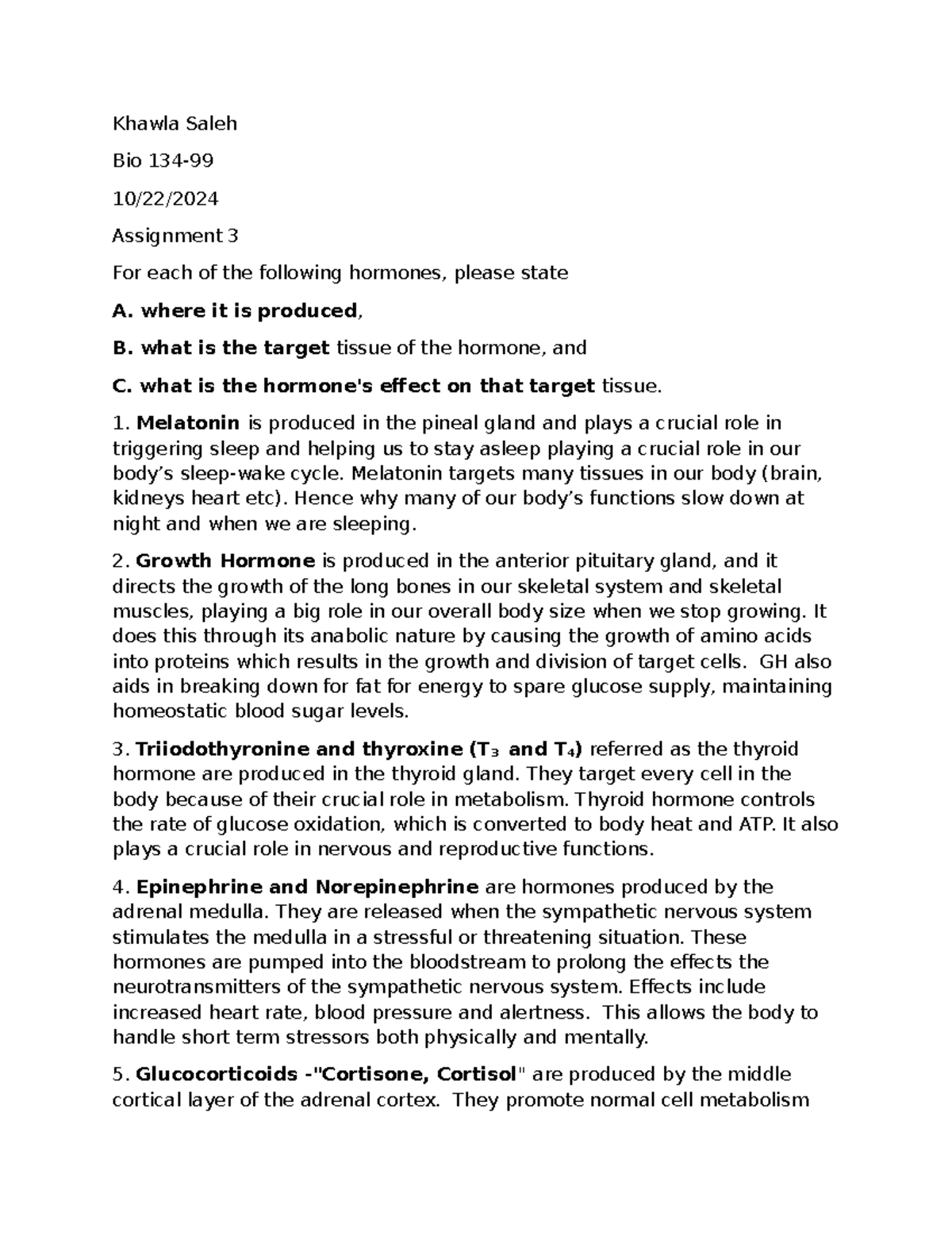 Bio134Assignment 3 - Endocrine glands - Khawla Saleh Bio 134- 10/22 ...