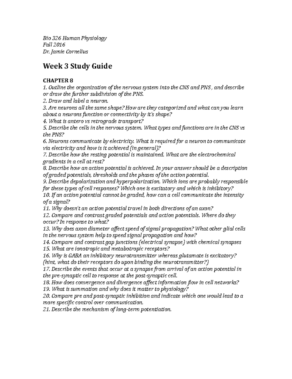 Week 3 Study Guide Bio 326 - Bio 326 Human Physiology Fall 2016 Dr ...