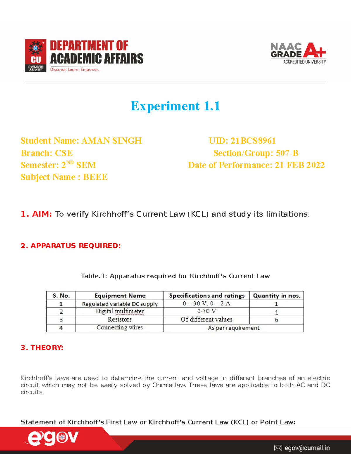 BEEE Worksheet 1 cse computer science - Experiment 1. Student Name ...