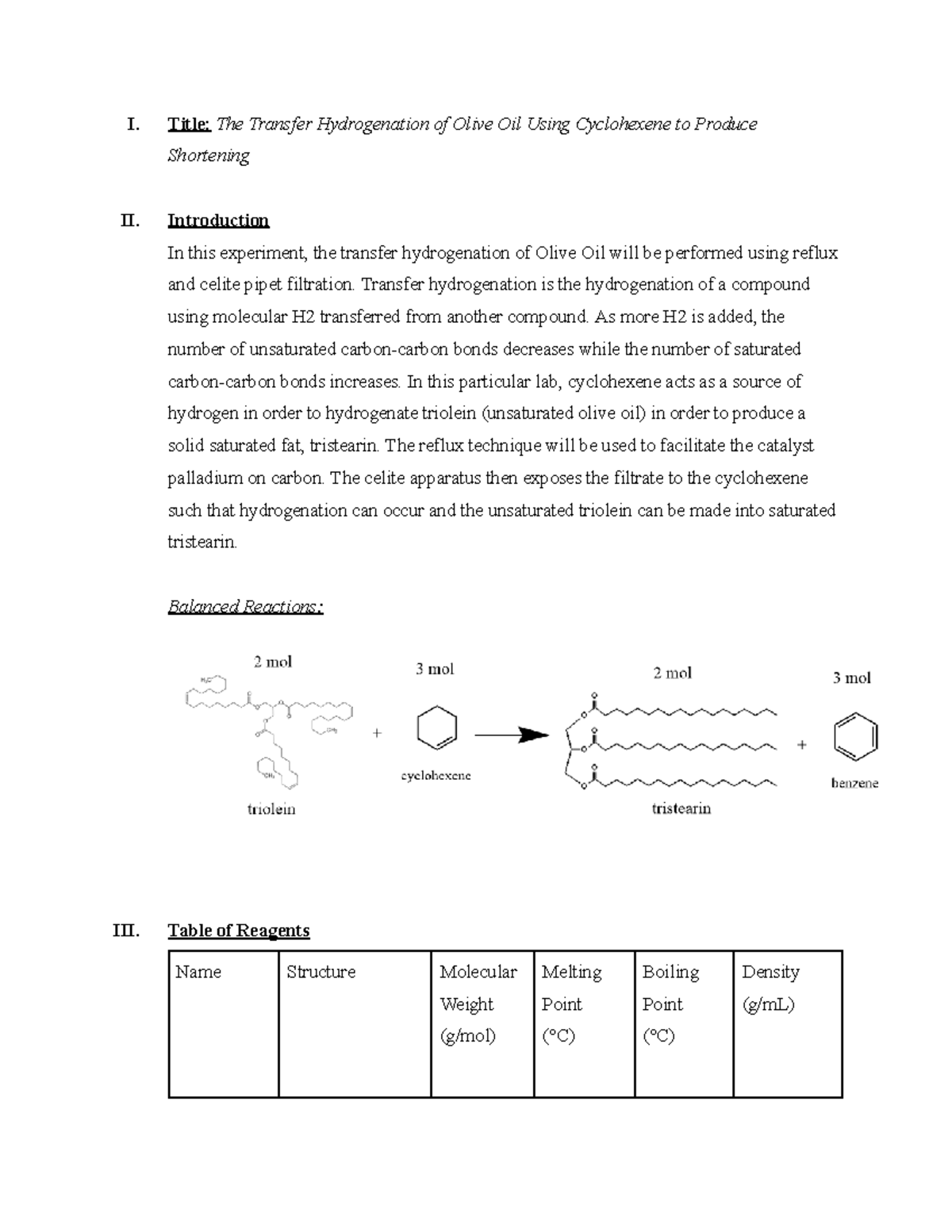 Lab 7 Hydrogenation of Olive Oil - I. Title: The Transfer Hydrogenation ...