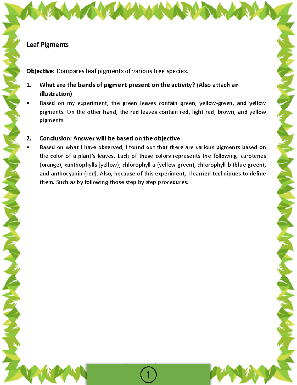 Leaf Pigmentation - Leaf Pigments Objective: Compares leaf pigments of ...