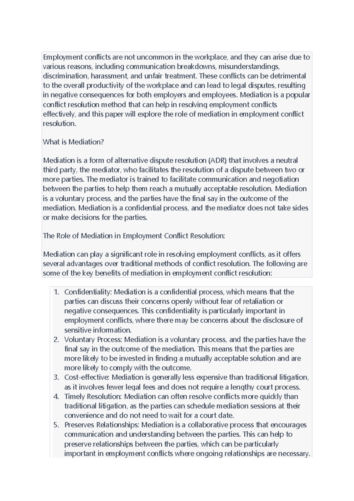 Essay 6 - The role of mediation in the resolution of employment ...