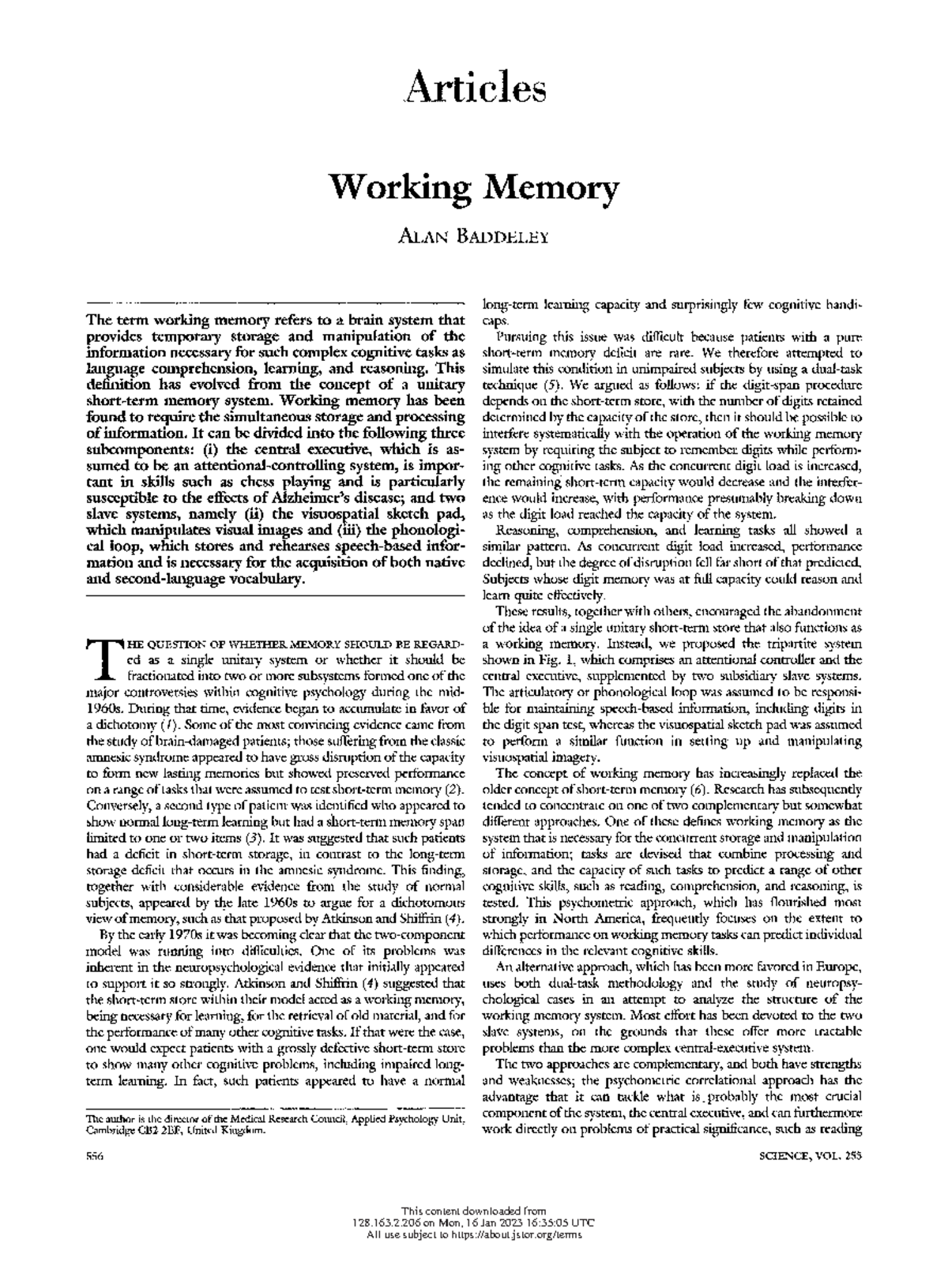 HW#6 - article - Articles Working Memory ALAN BADDELEY The term working ...