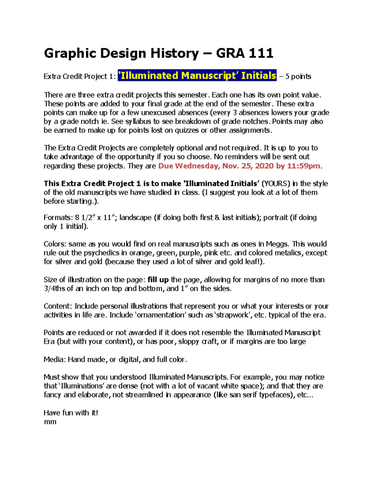 Extra Credit Project 1 - Illuminated Initials Fall 2020 - Graphic ...