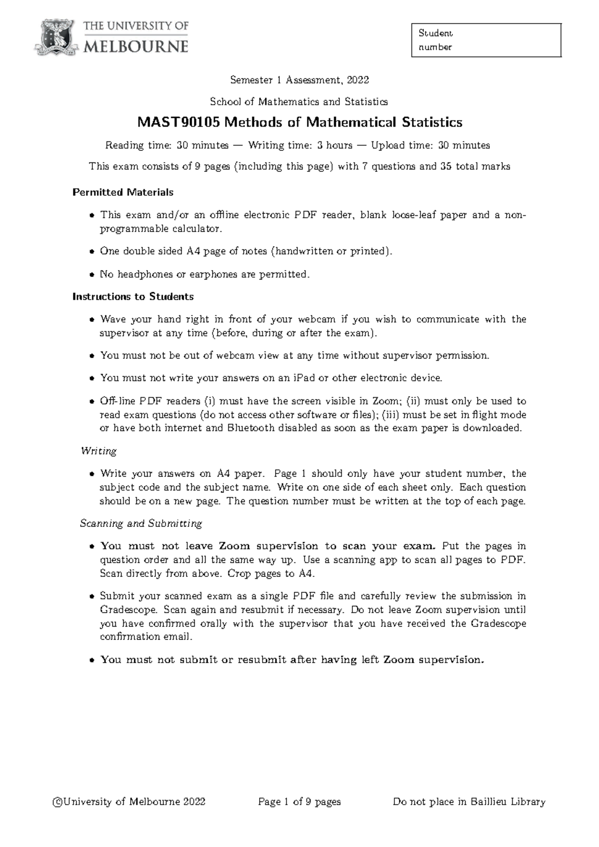 MAST90105 2022 S1 final exam Sol - Student number Semester 1 Assessment, 2022 School of ...