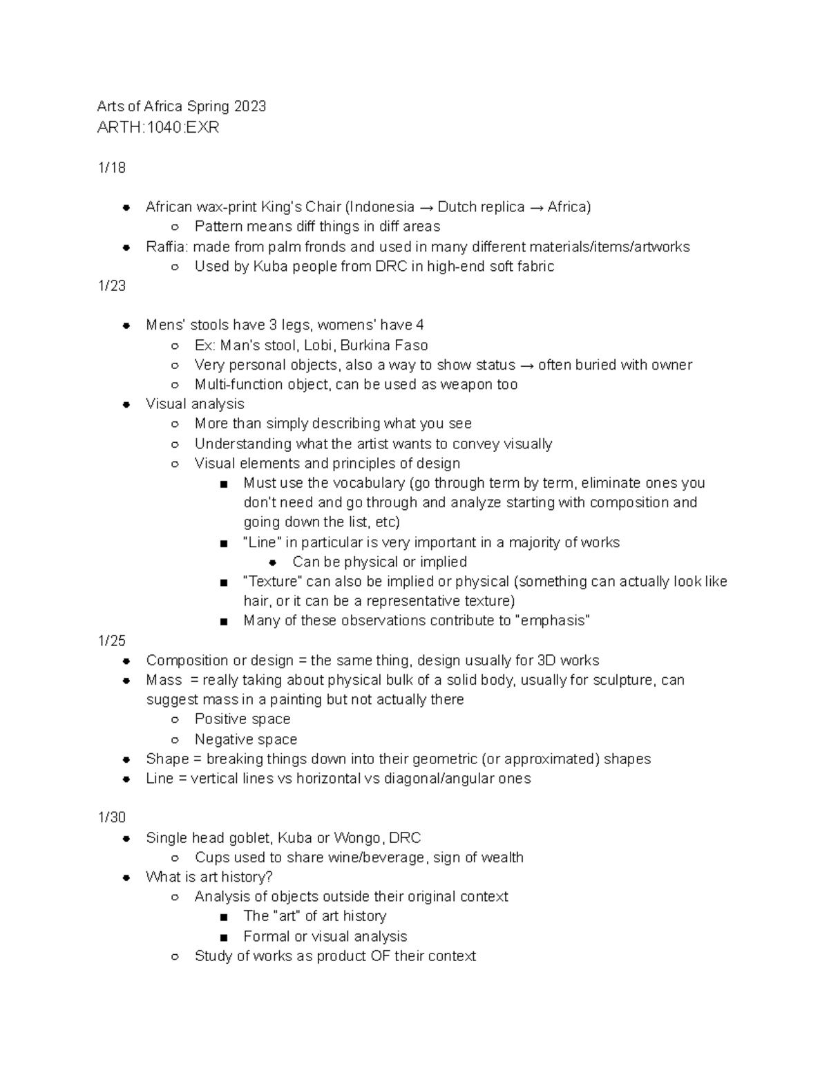 Arts of africa notes part 1 - Arts of Africa Spring 2023 ARTH:1040:EXR ...